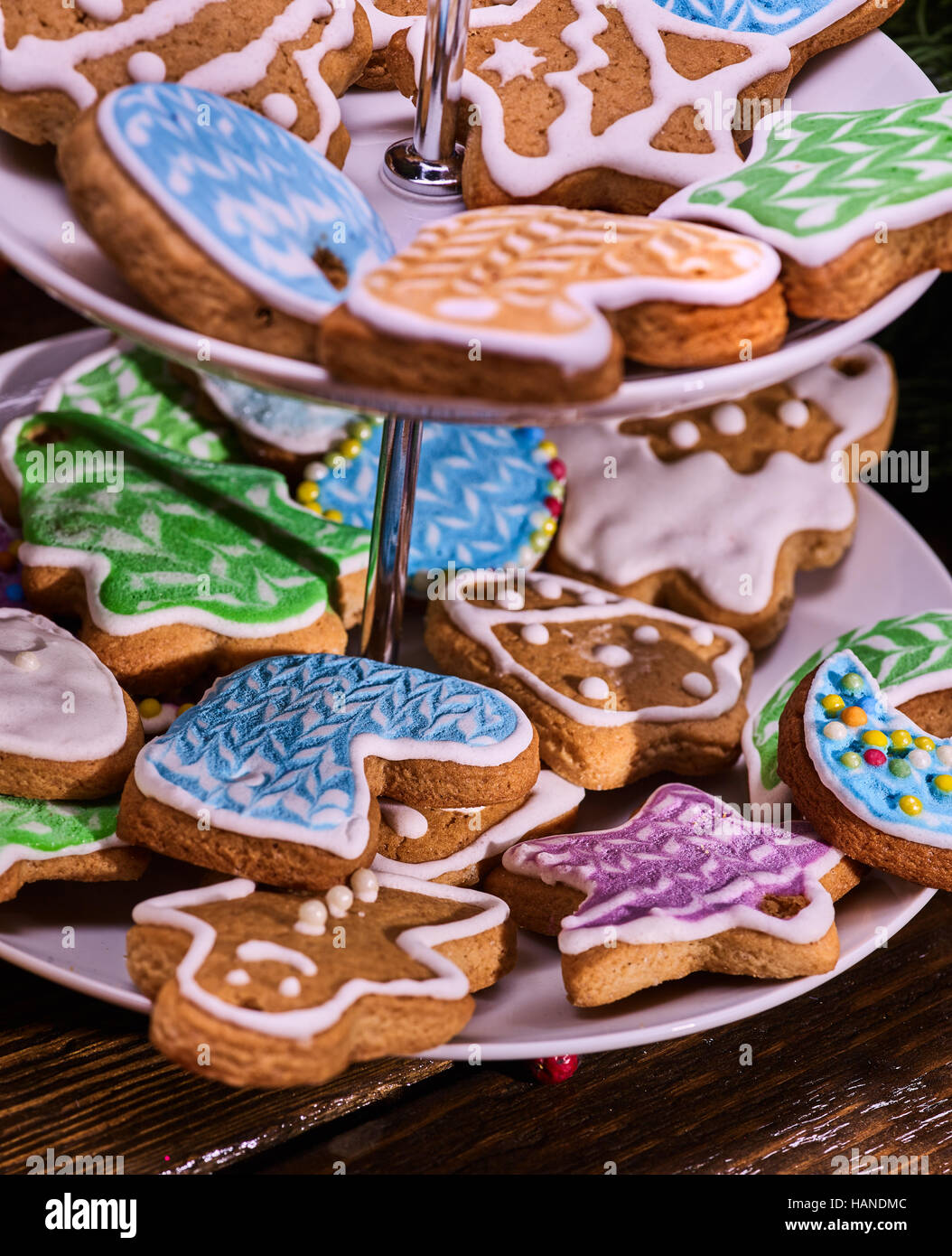 Close up of Christmas cookies on Tiered Cookie Stand Stock Photo - Alamy