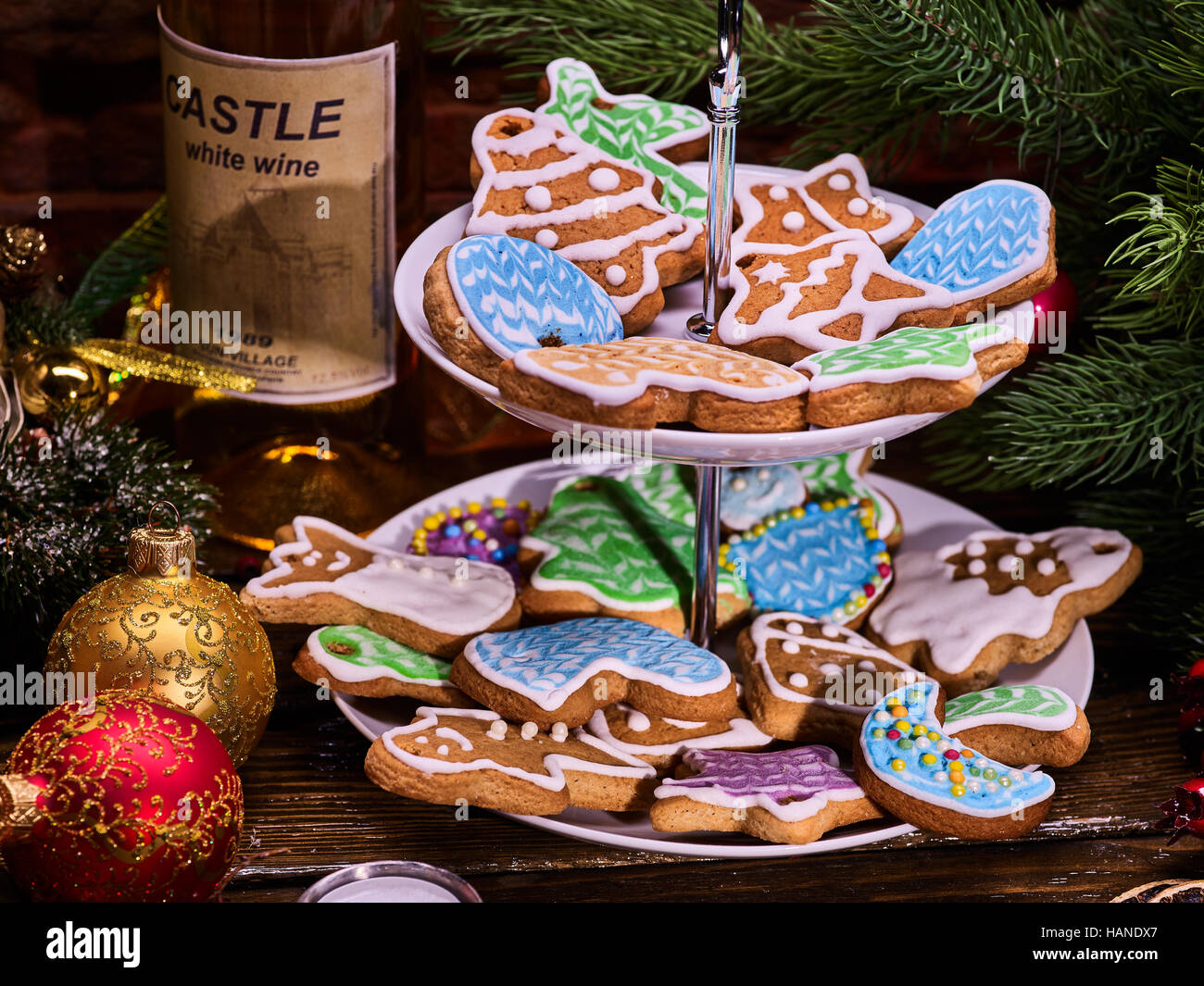 Christmas gingerbread cookies on Tiered Cookie Stand Stock Photo - Alamy
