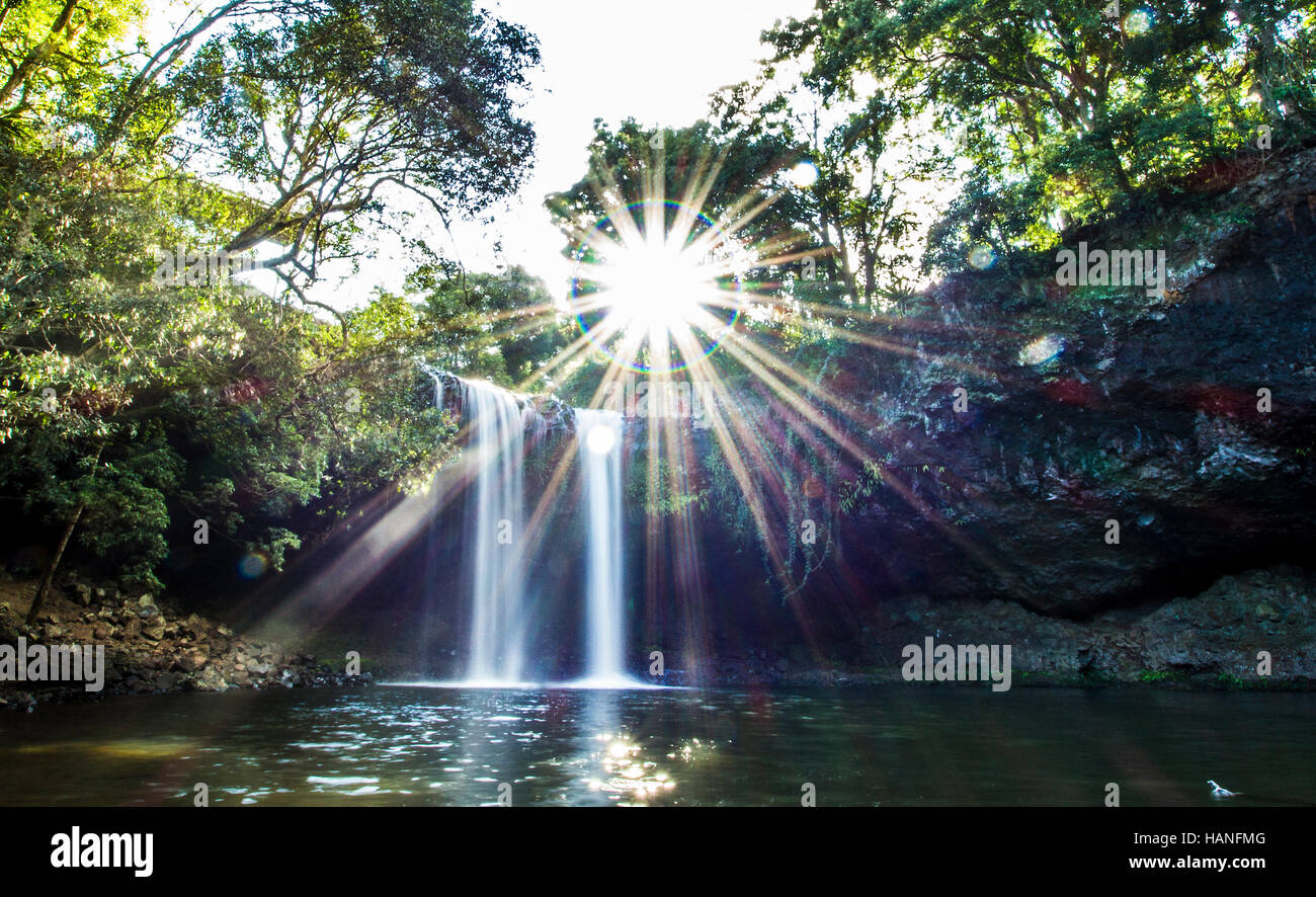 Setting sun over a waterfall Stock Photo - Alamy