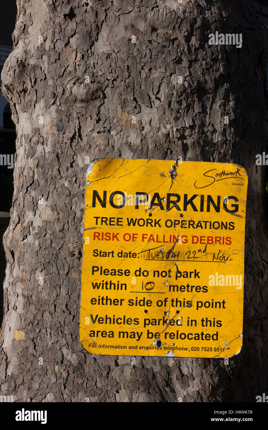 Detail of a Southwark council sign attached to a Plane tree, warning of ...