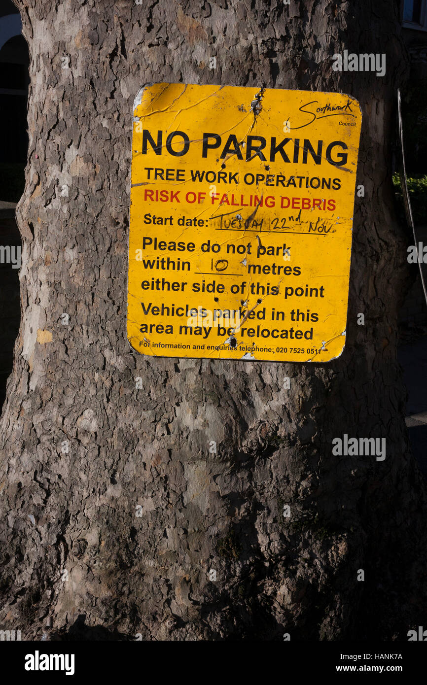 Detail of a Southwark council sign attached to a Plane tree, warning of ...