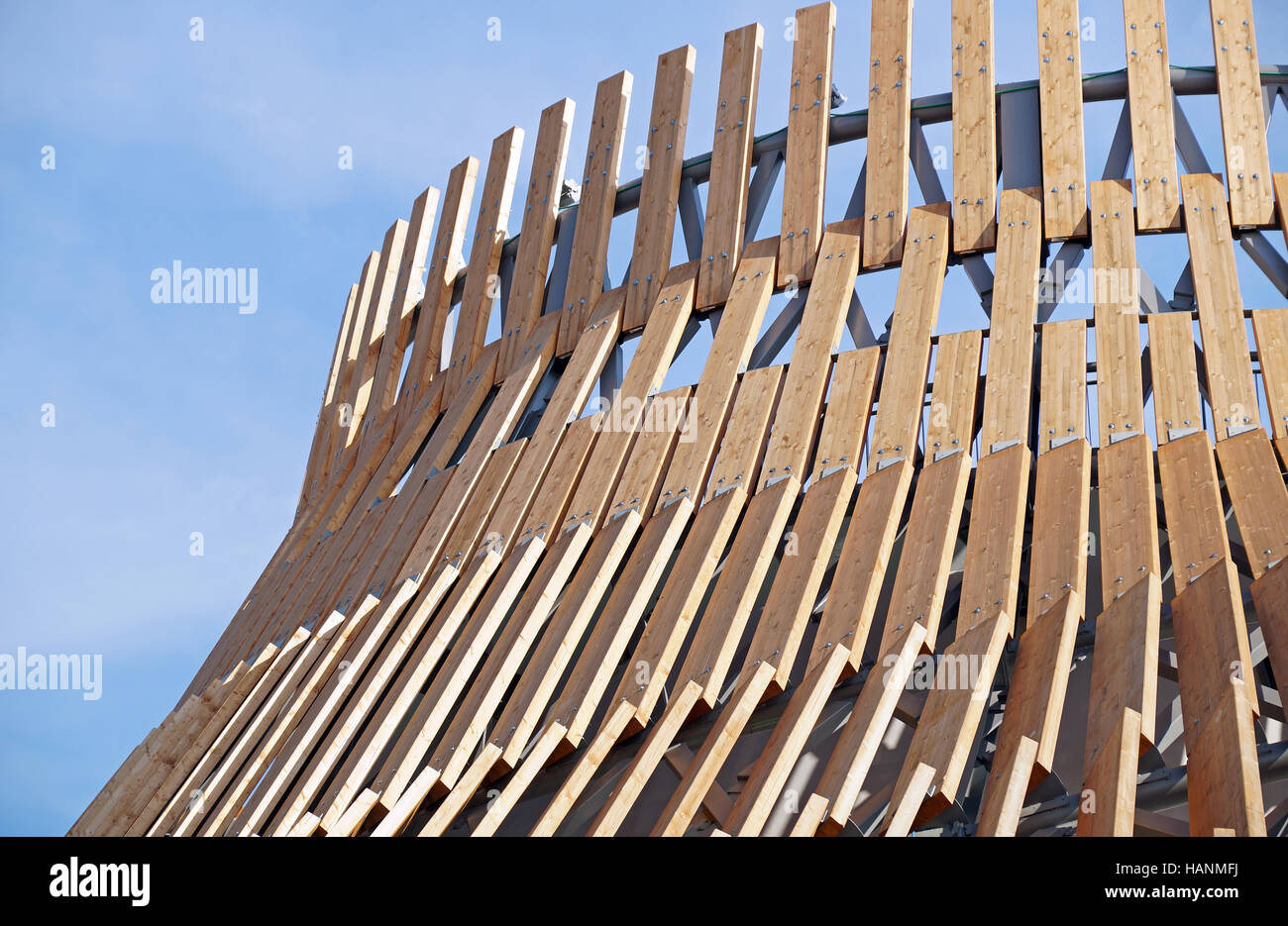 Detail of a modern wooden architecture in glued laminated timber on ...