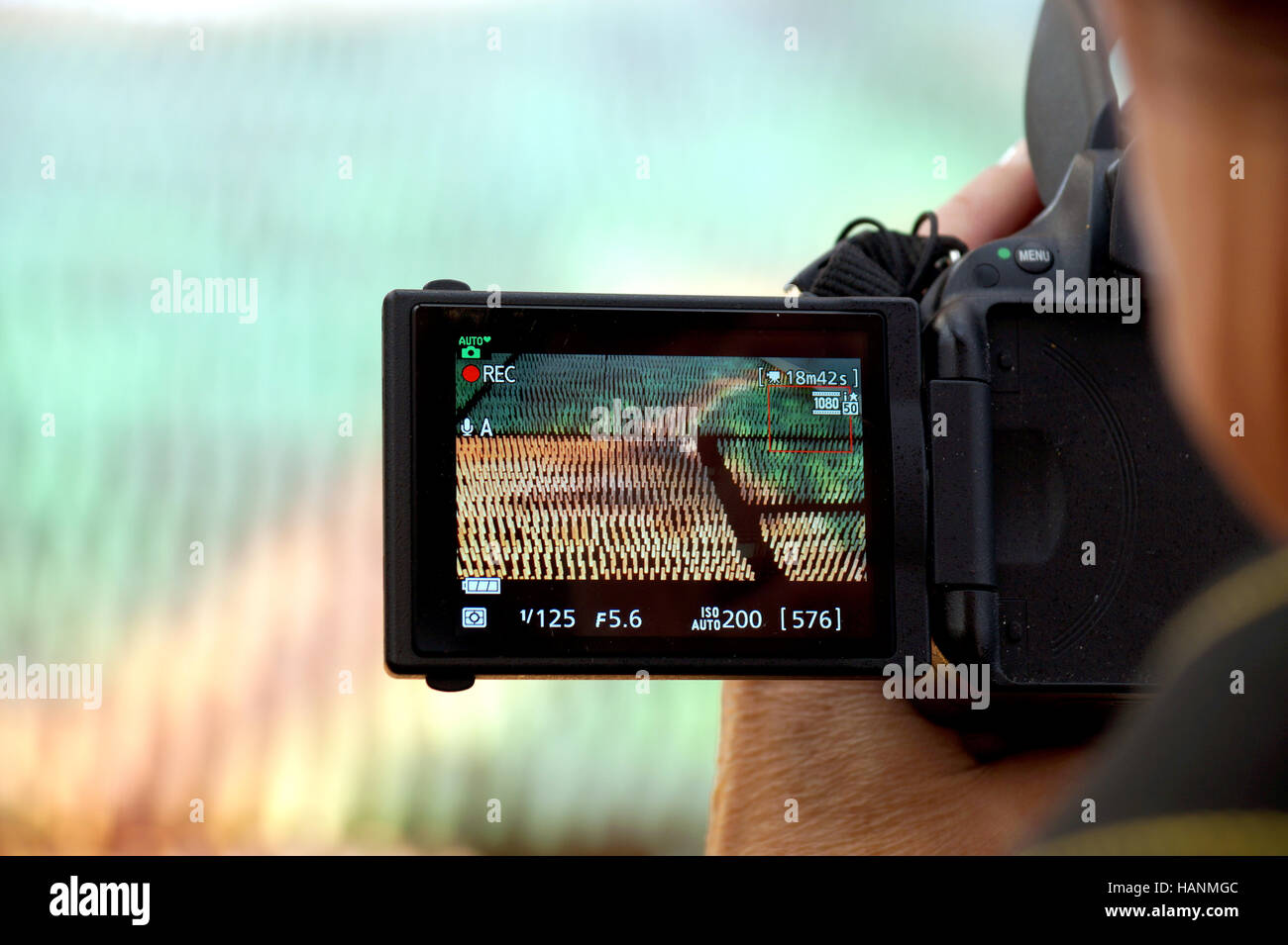 hand holding the Digital camera, shoot of landscape photo using ...