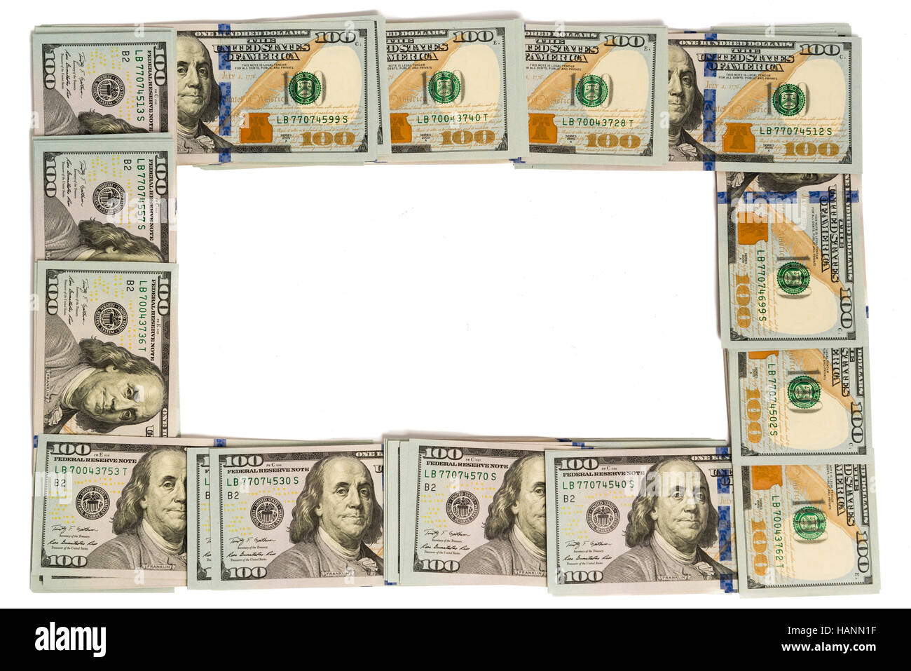 Mockup frame made of hundred dollar banknotes isolated on white with ...