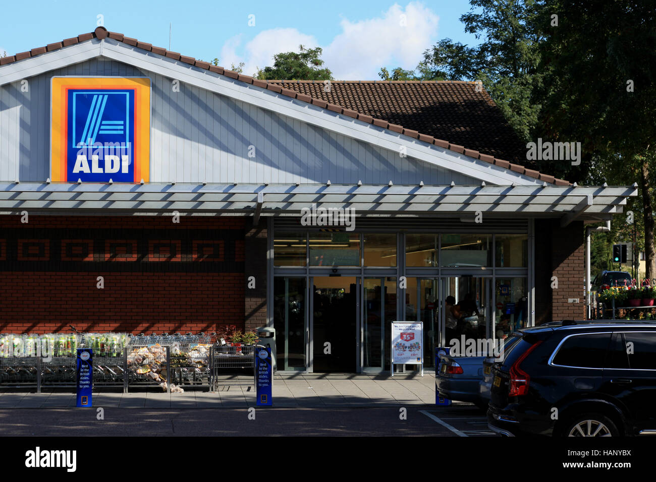 Aldi supermarket entrance in Southend on Sea, Essex Stock Photo - Alamy