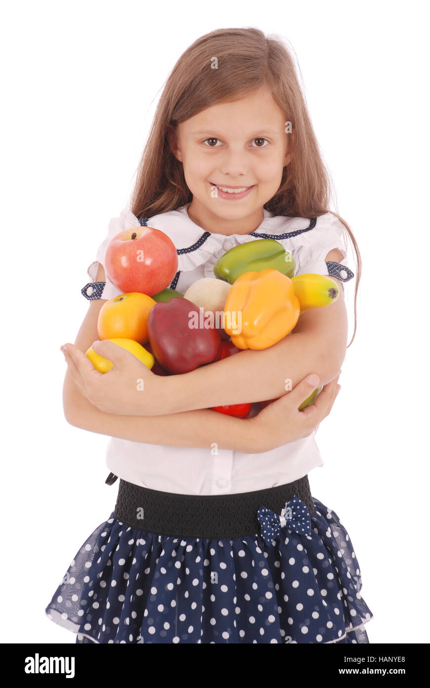 Girl holding fresh fruits isolated on white Stock Photo - Alamy