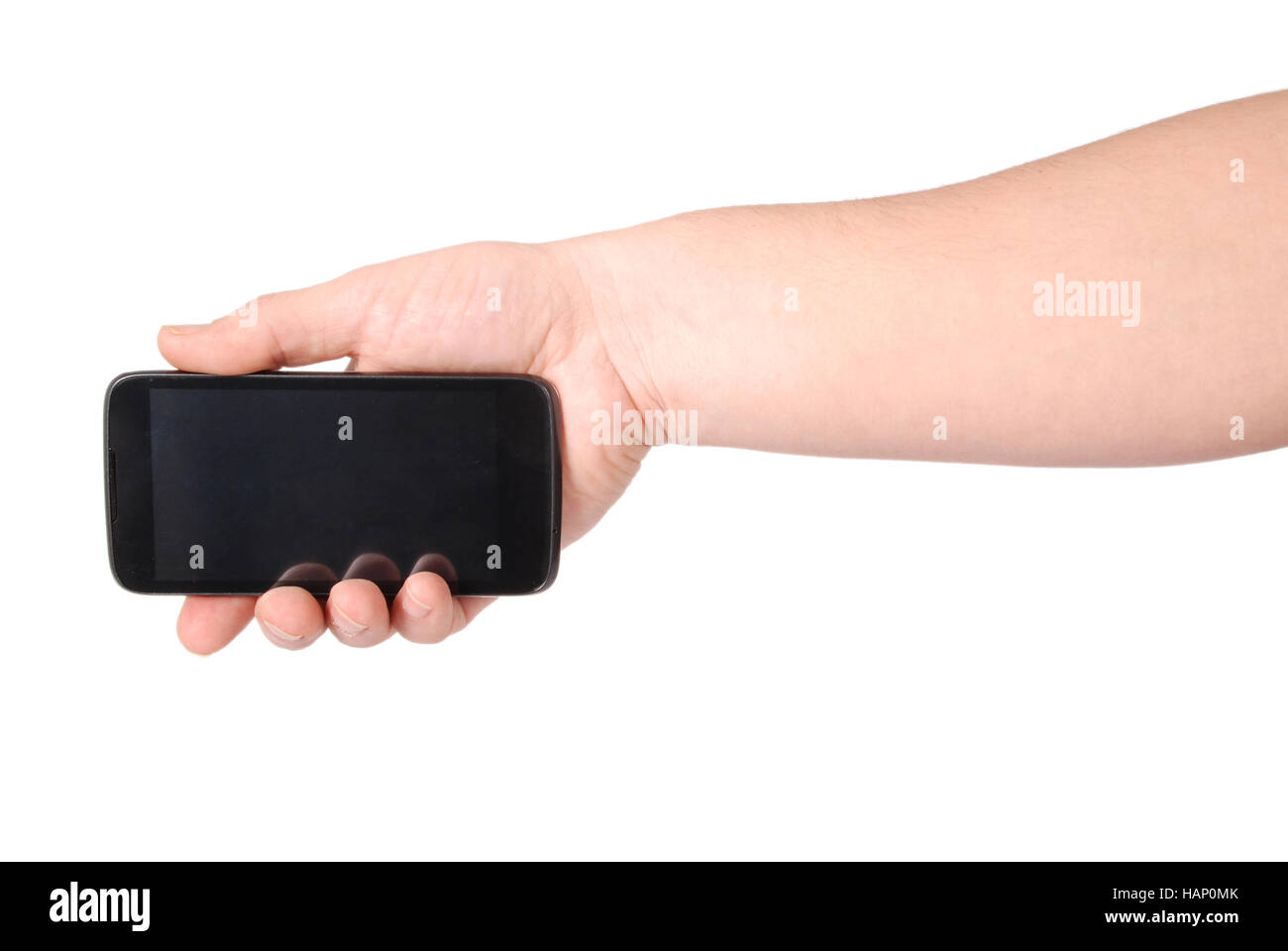 Man hand holding a smartphone with blank screen isolated on white Stock ...