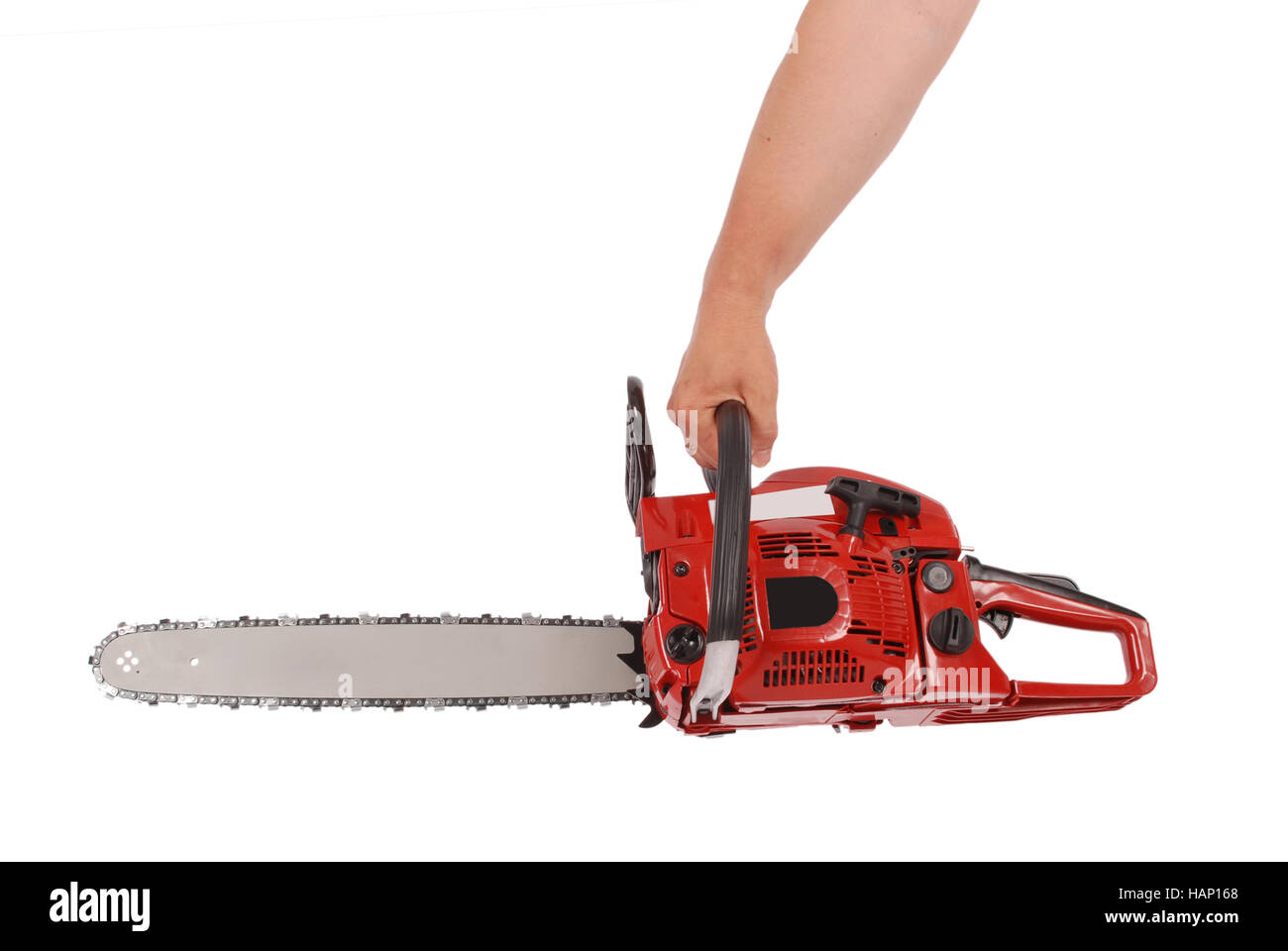 By one hand holding a chainsaw isolated on white Stock Photo - Alamy