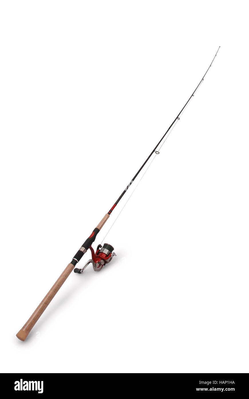 Fishing rod with a reel isolated on white background with soft shadow ...