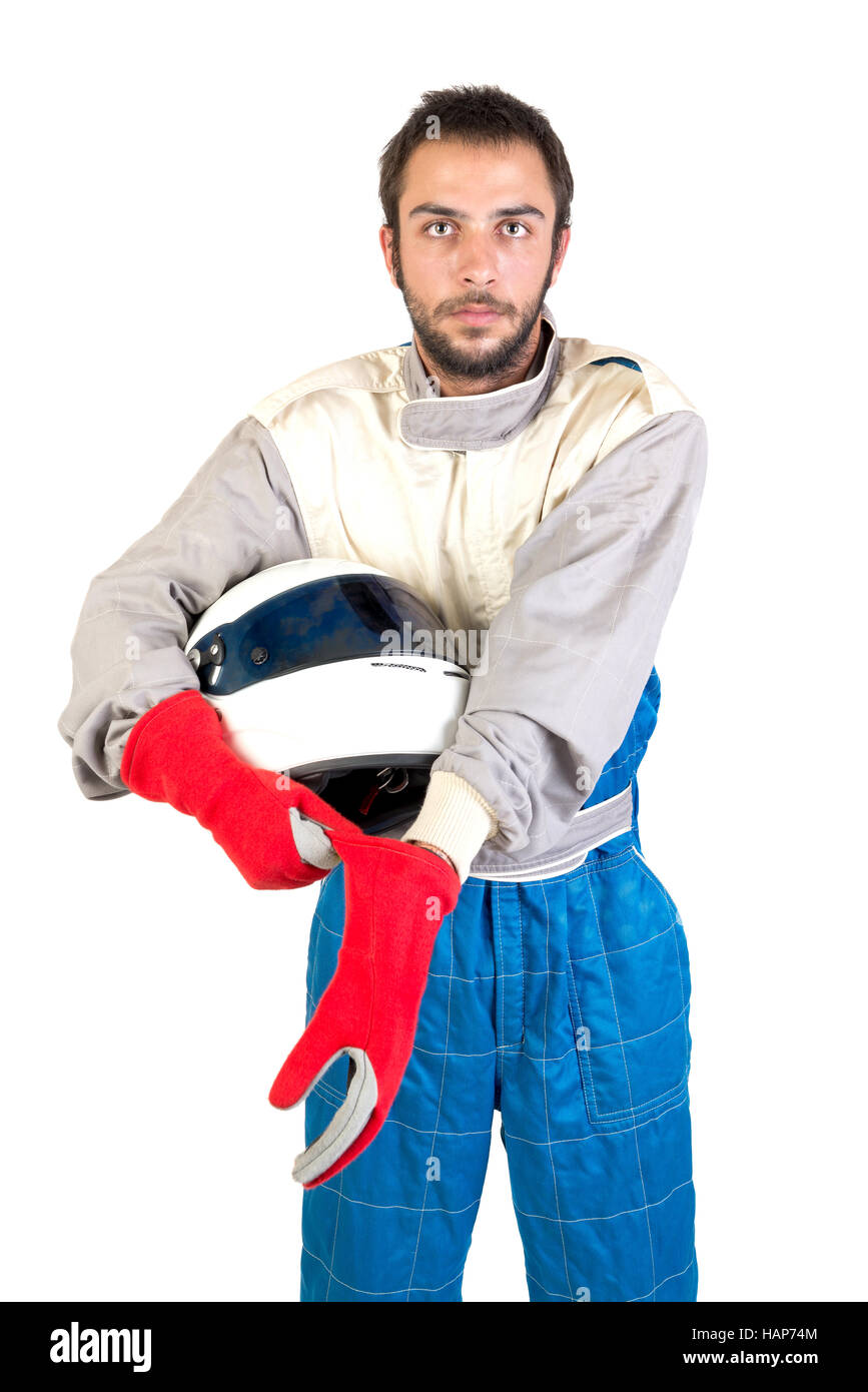 Racing driver posing with helmet isolated in white Stock Photo - Alamy
