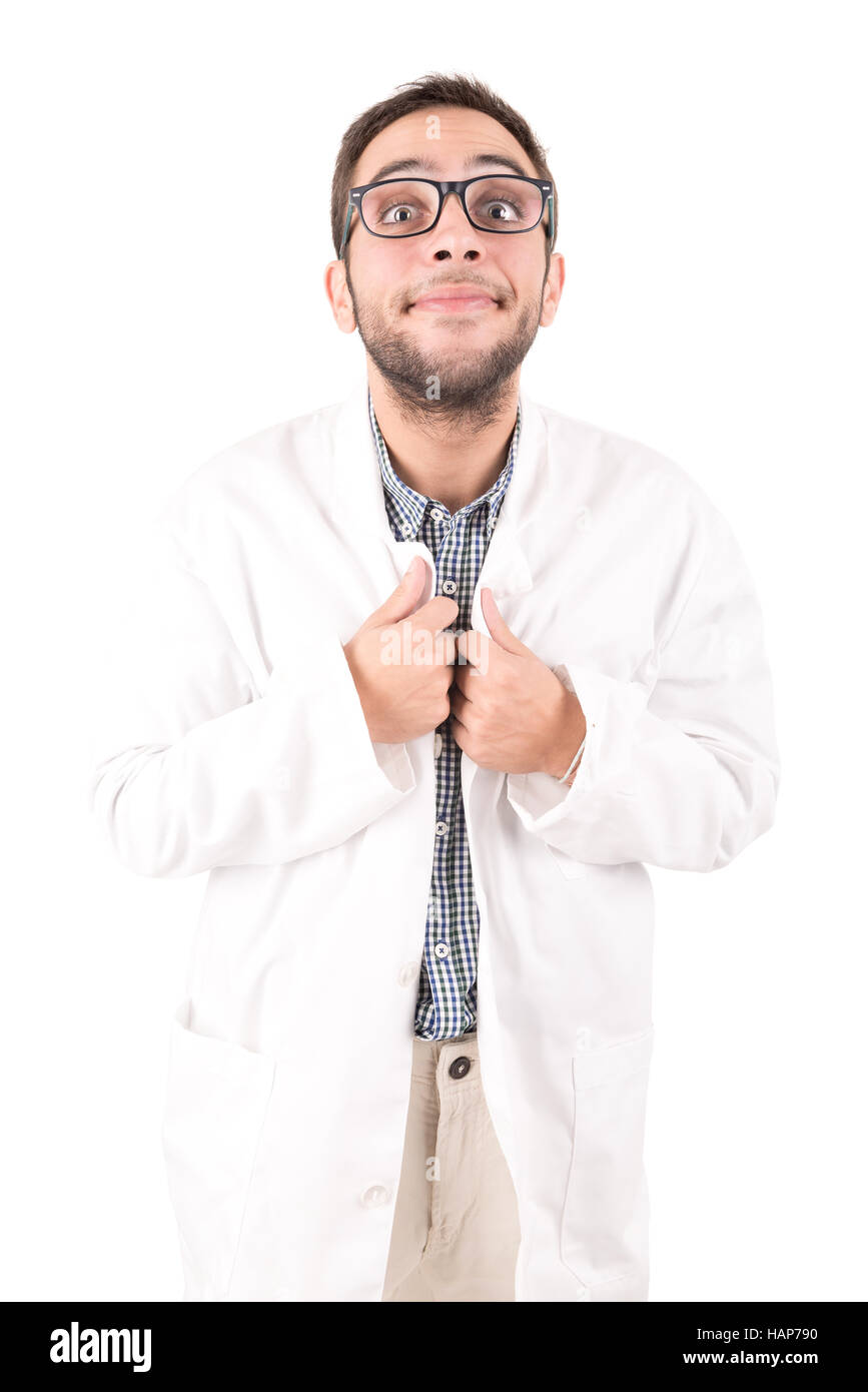 Nerd doctor posing isolated in a white background Stock Photo - Alamy
