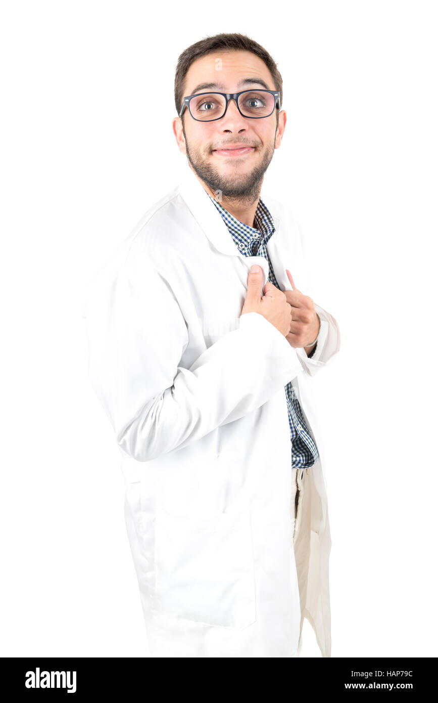 Nerd doctor posing isolated in a white background Stock Photo - Alamy