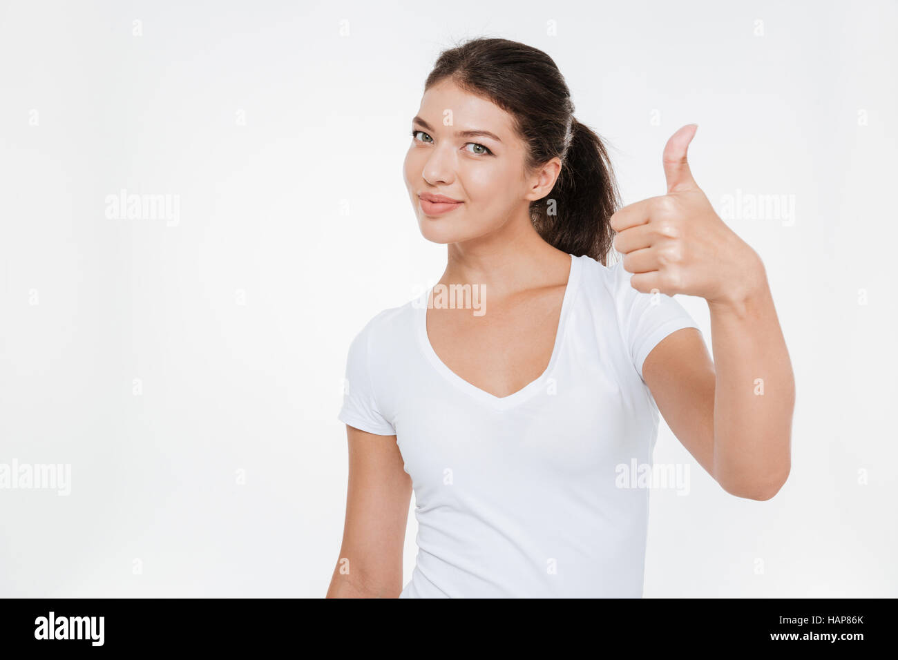 Model showing finger up in studio. isolated white background Stock ...