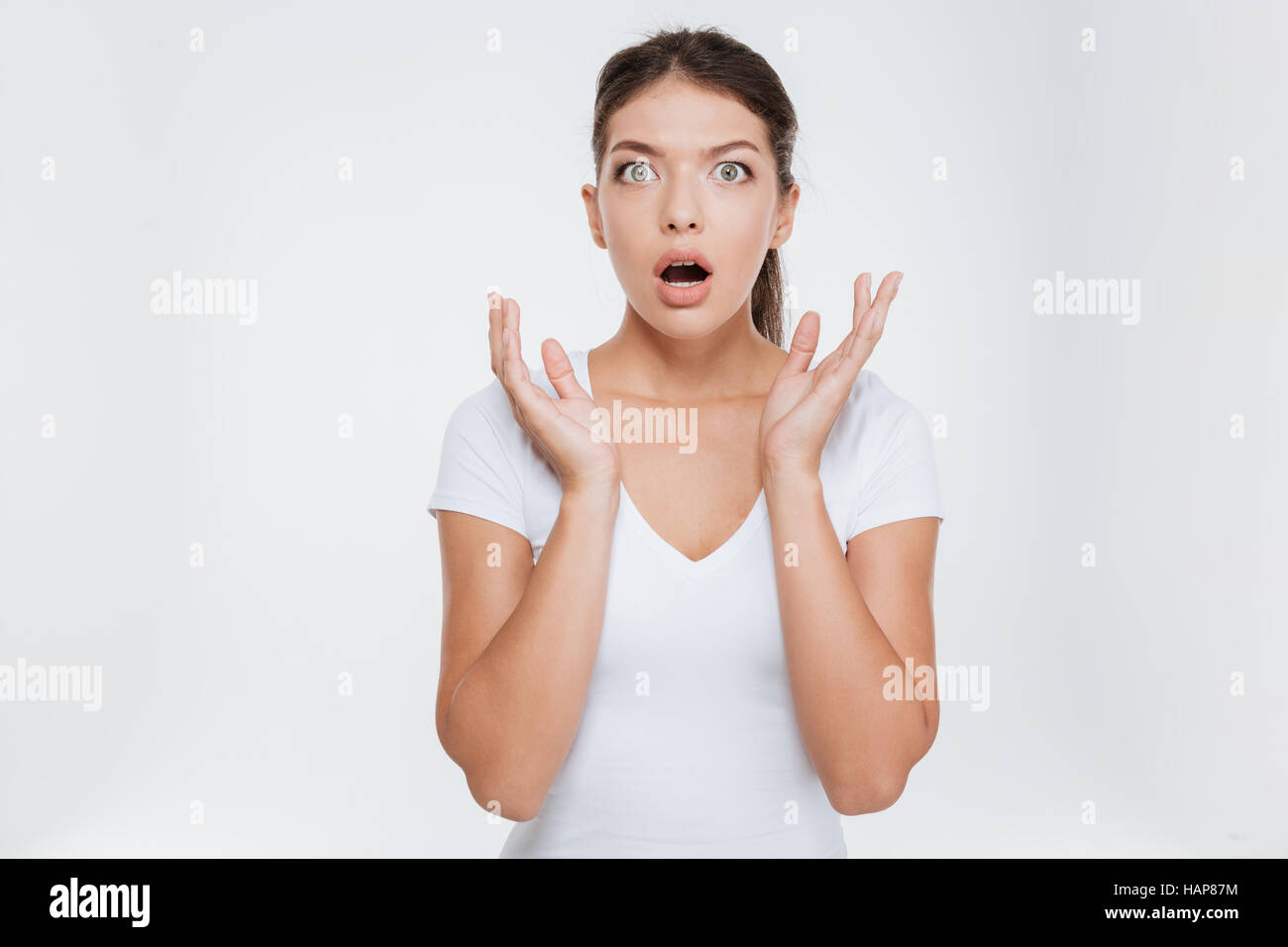 Surprised model in studio. isolated white background Stock Photo - Alamy