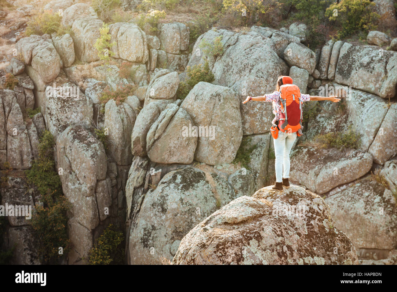 Back view of adventure woman near the canyon. on rock Stock Photo - Alamy