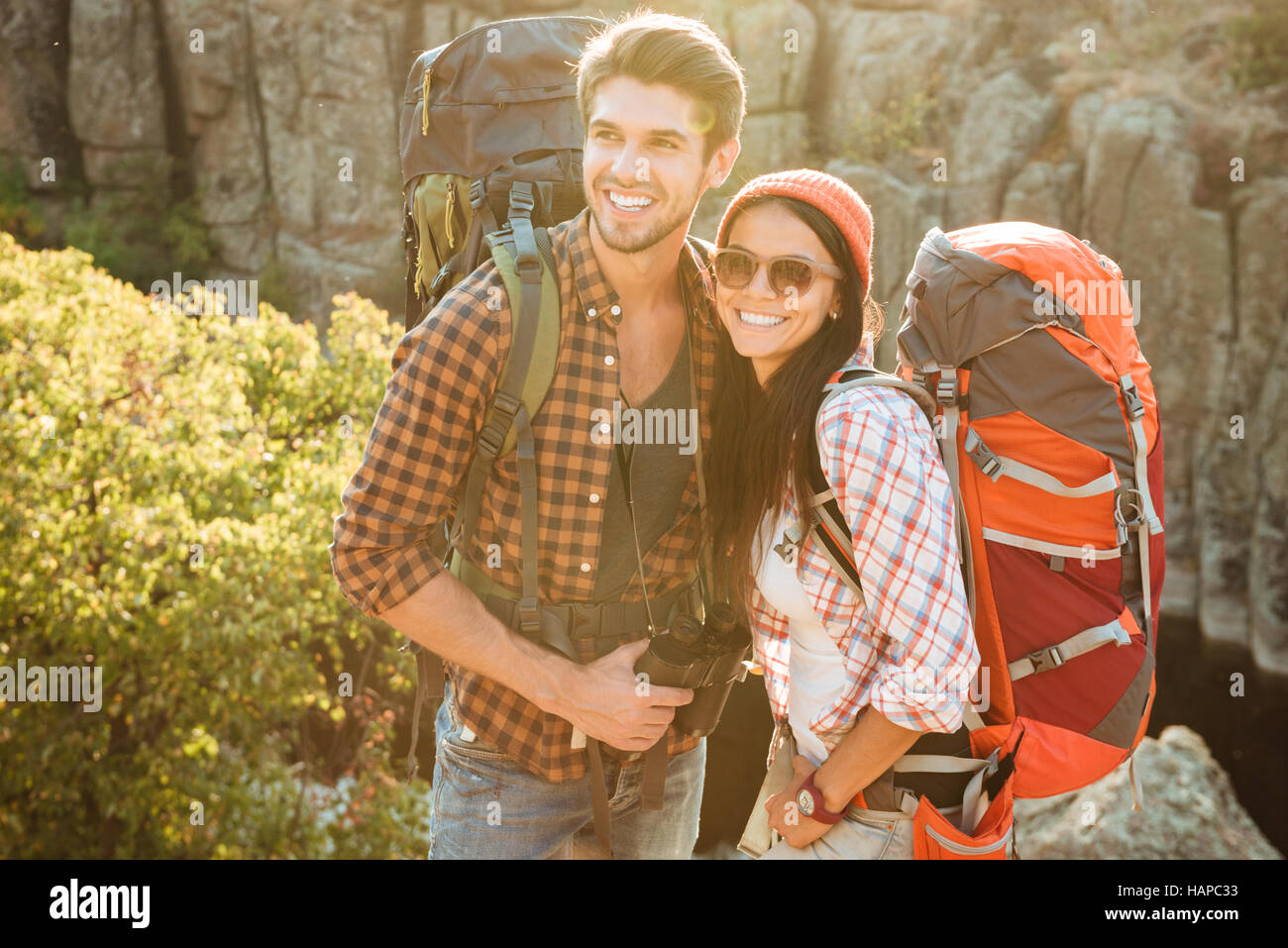 Image of adventure couple near the canyon. smiling happy couple Stock ...