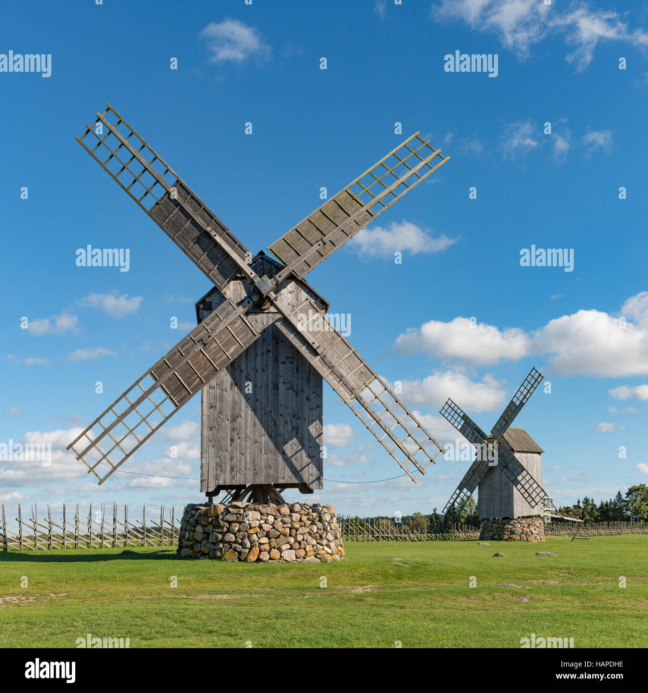 Traditional wooden windmills in Angla, island of Saaremaa, Estonia ...