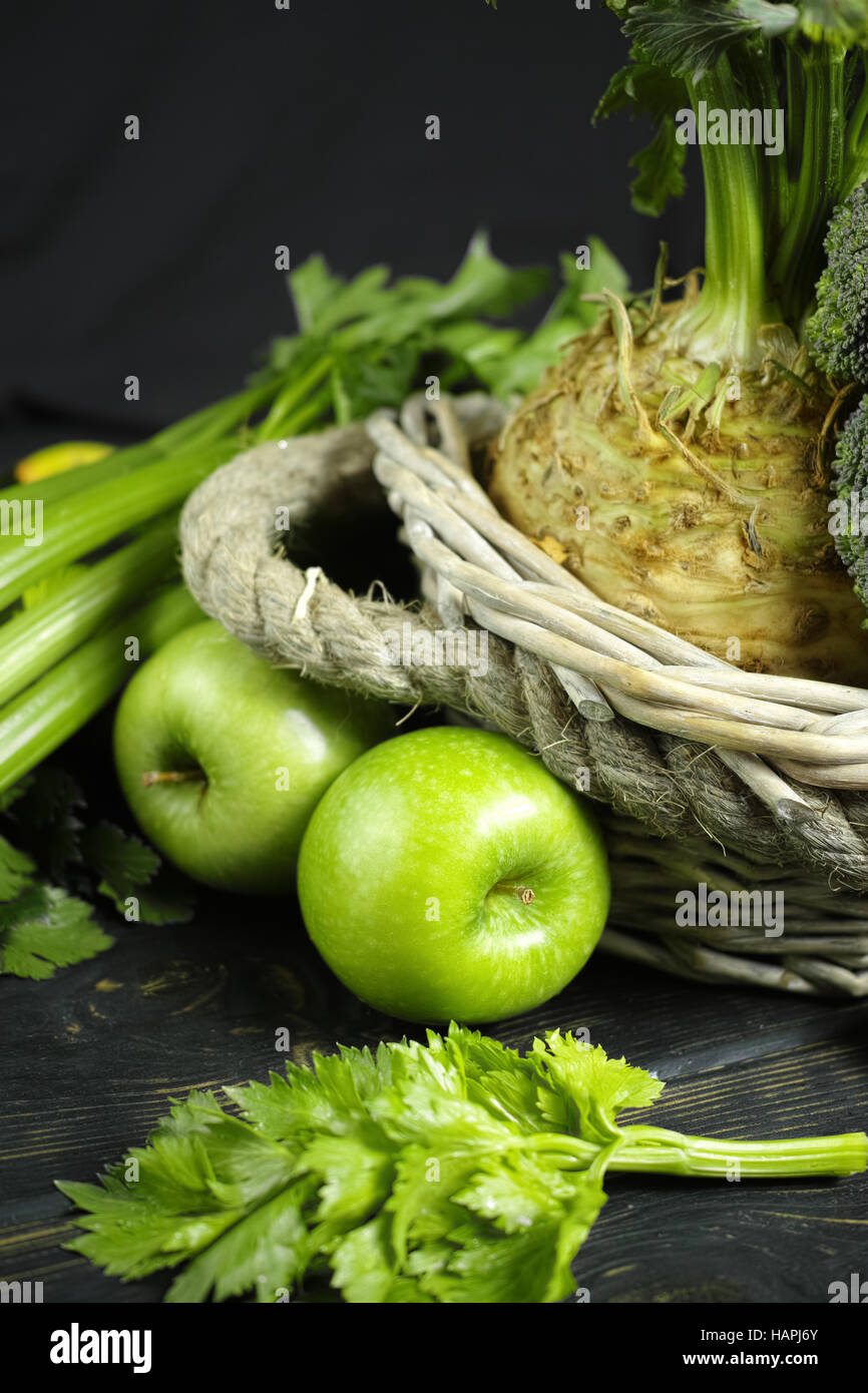 Green vegetables and fruits - celery, apples, celery root celeriac ...