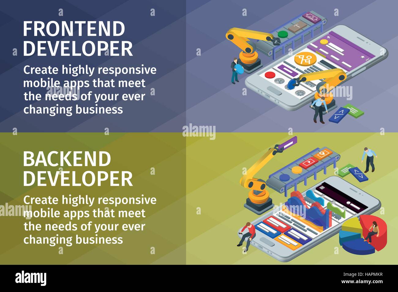 Frontend and backend app. People working on startup. 3d crane and ...