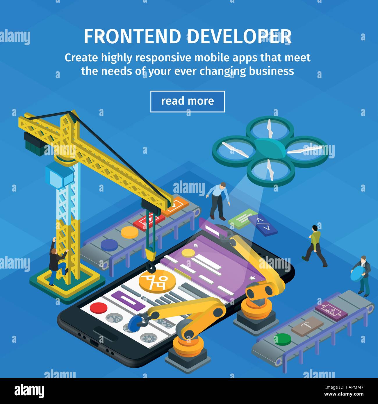 Developing mobile applications flat 3d isometric style. 3d crane and robotic arm Stock Vector ...
