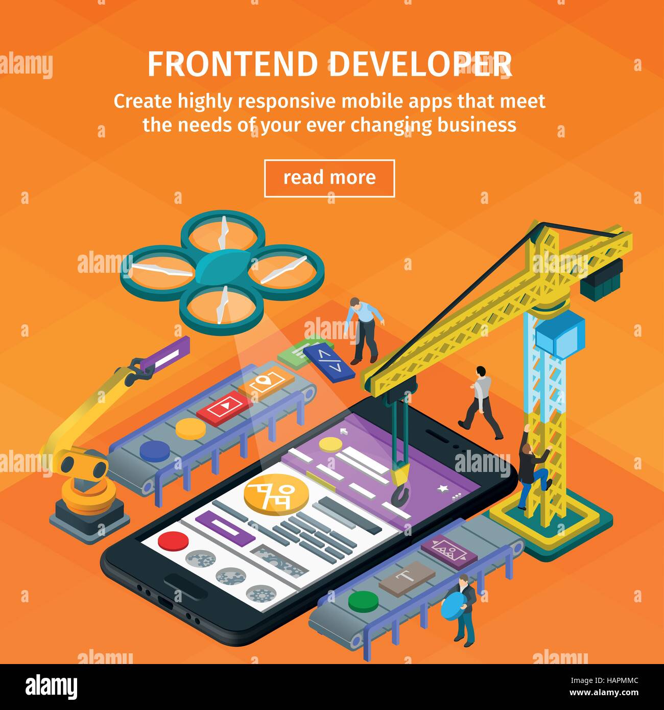 Frontend developer app. Black flat 3d smartphone. Developing mobile ...