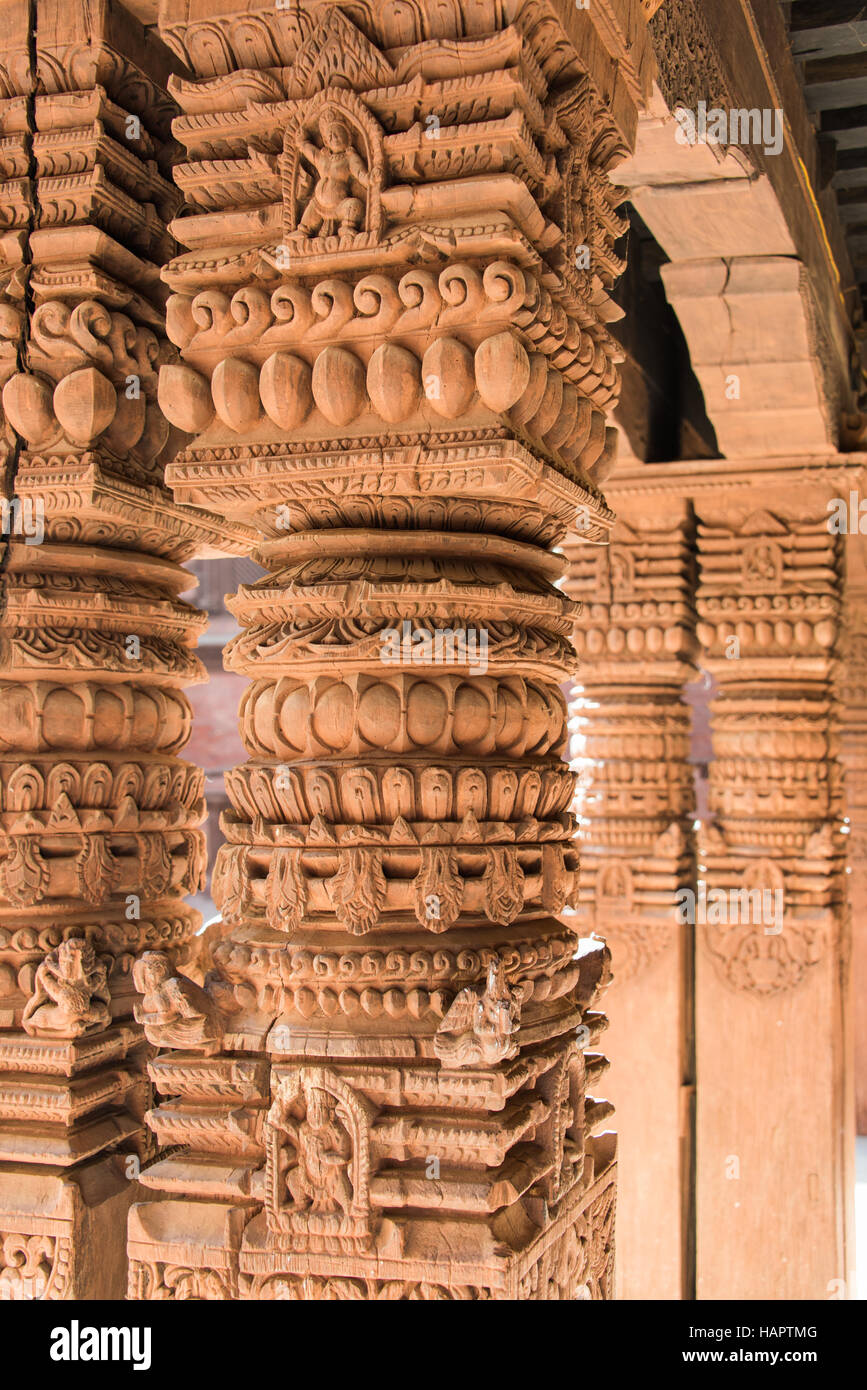 Wooden carved pillars in Palace in Kathmandu Durbar square Stock Photo ...