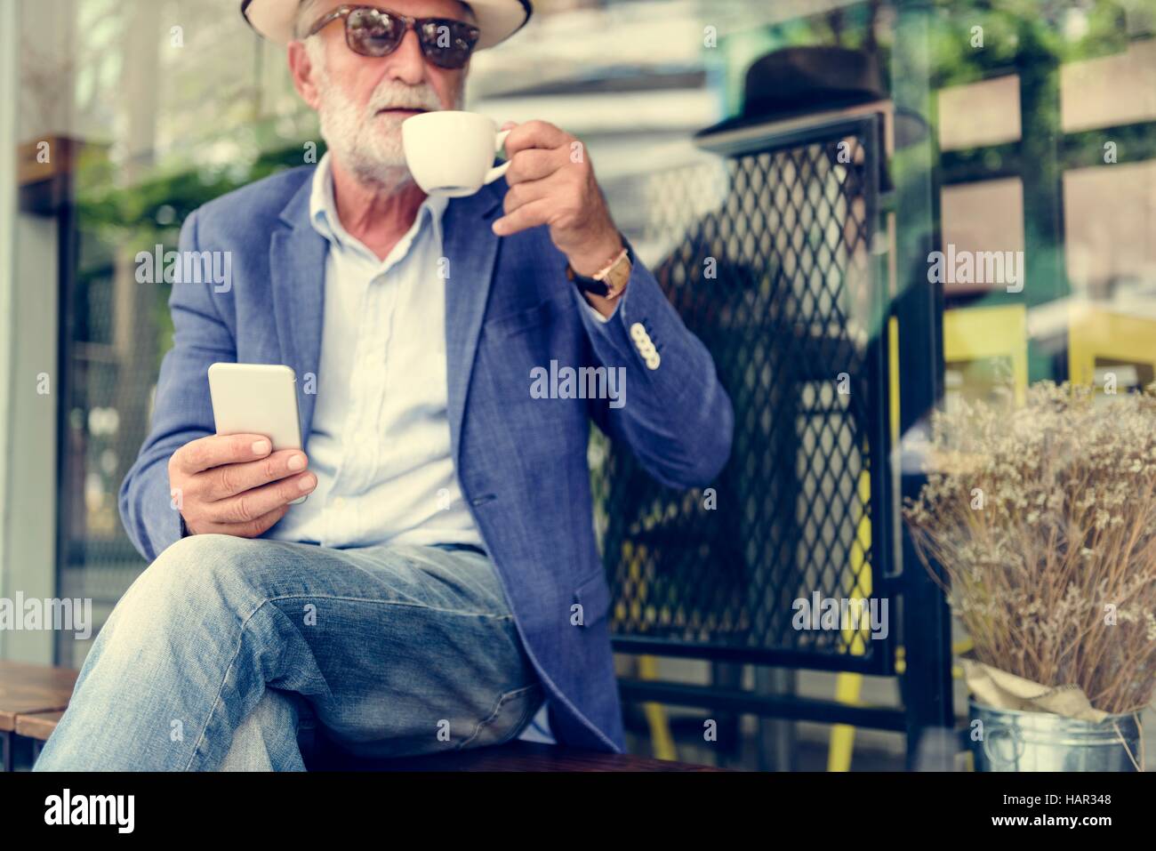 Senior Man Coffee Shop Communication Connection Technology Concept ...