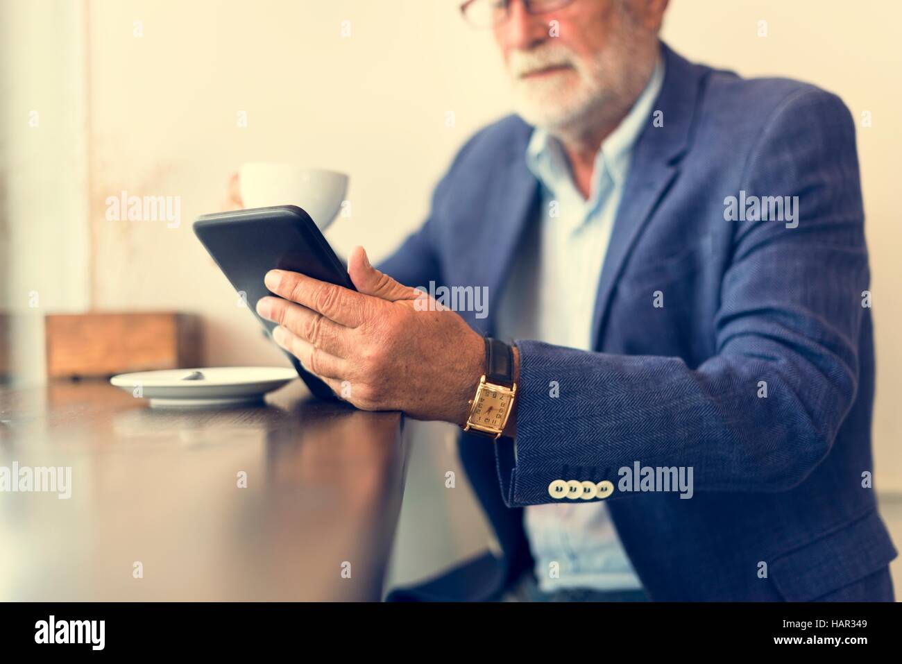 Senior Man Coffee Shop Communication Connection Technology Concept ...