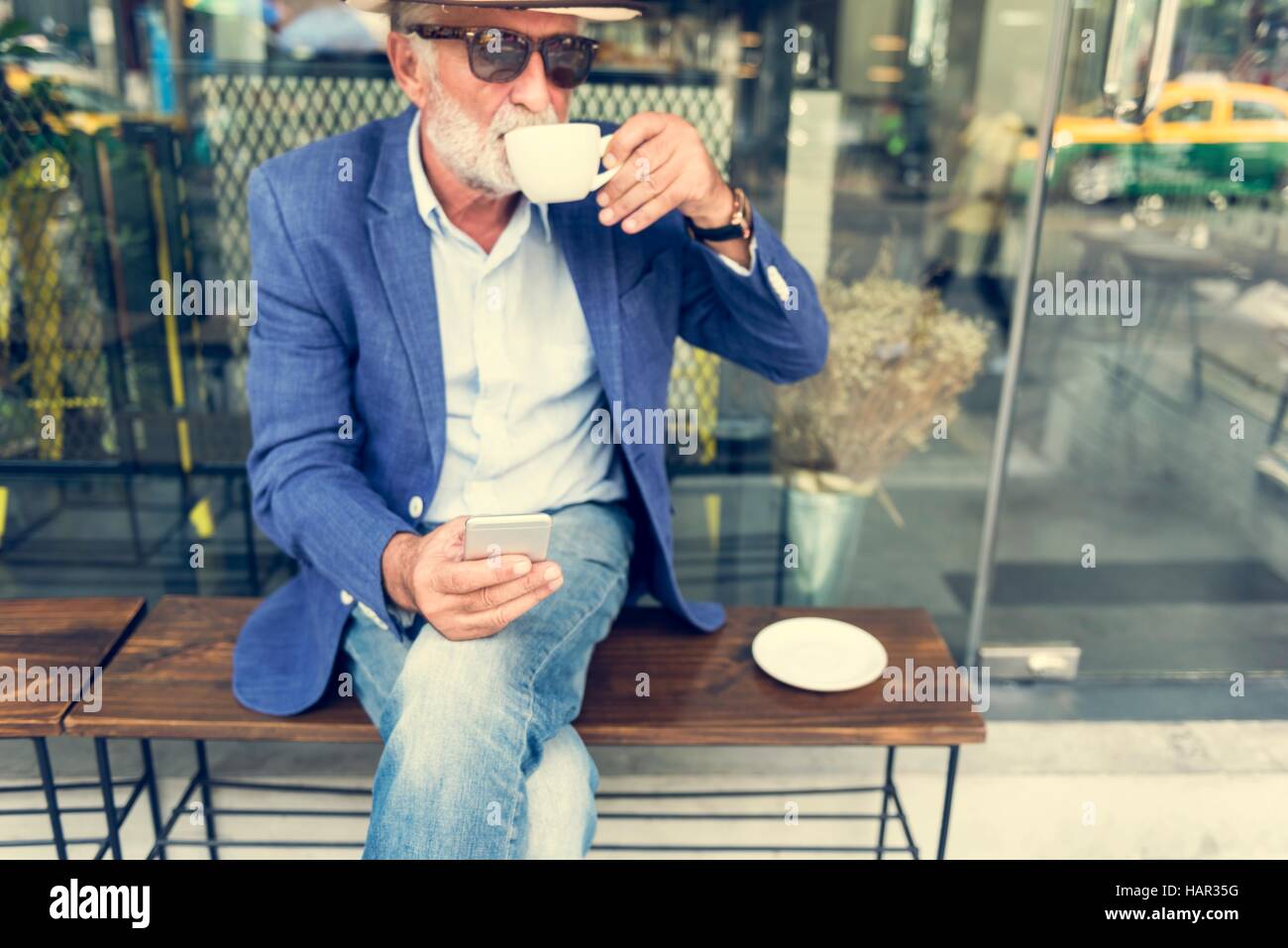 Senior Man Coffee Shop Communication Connection Technology Concept ...