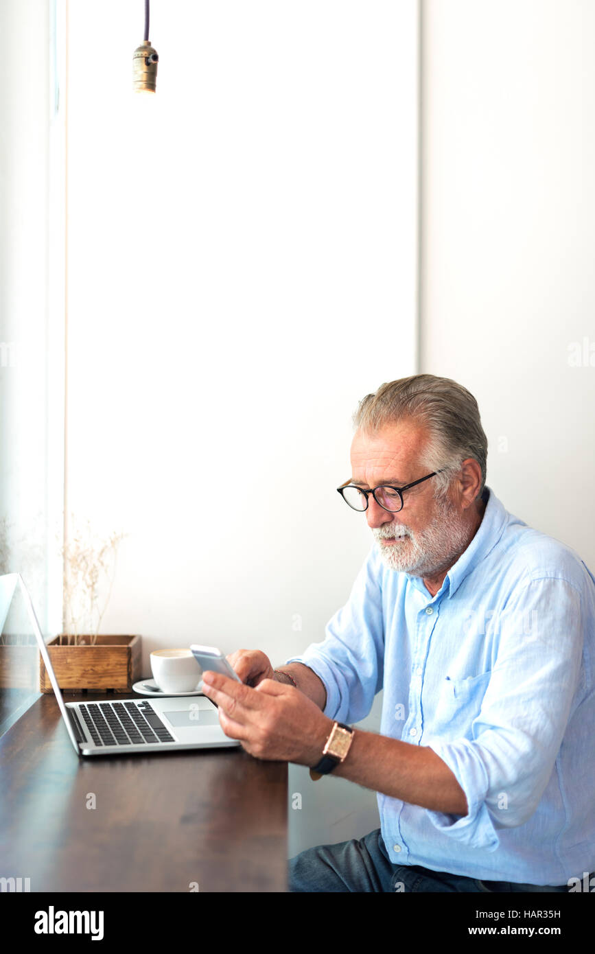 Senior Man Coffee Shop Communication Connection Technology Concept ...
