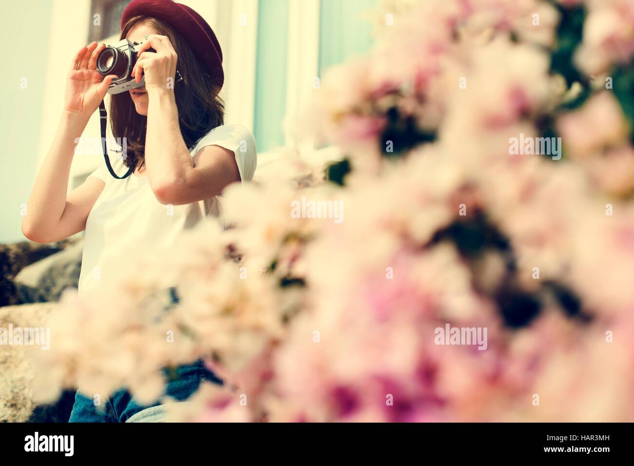 Girl Camera Photographer Focus Shooting Nature Concept Stock Photo - Alamy