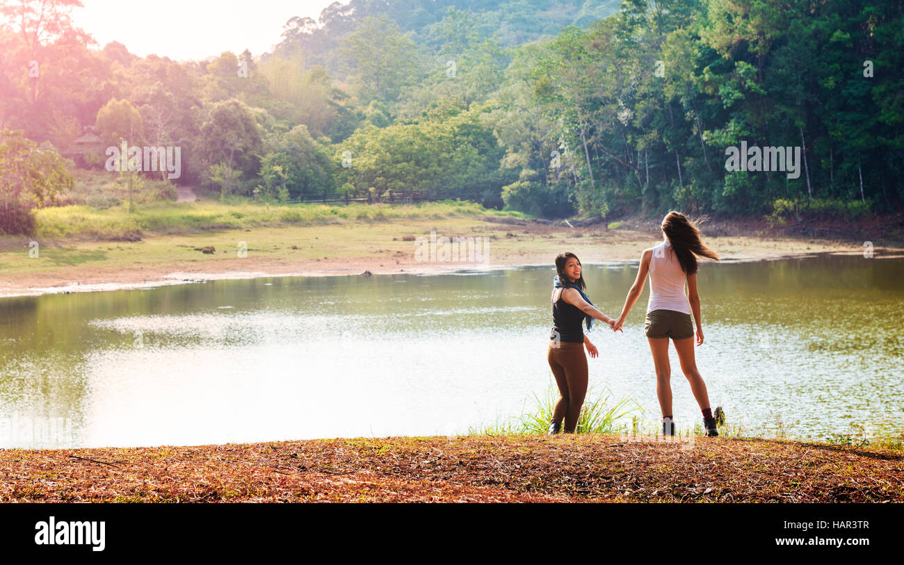 Girls Friends Exploring Outdoors Nature Concept Stock Photo - Alamy