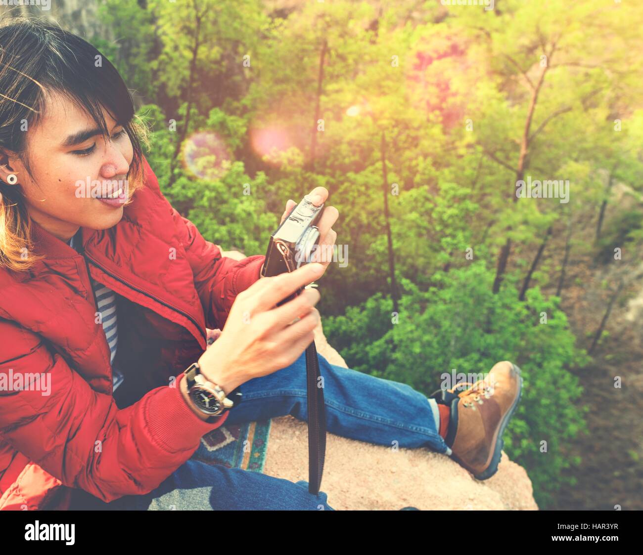 Photographer Camera Man Shooting Woods Nature Cliff Edge Concept Stock ...