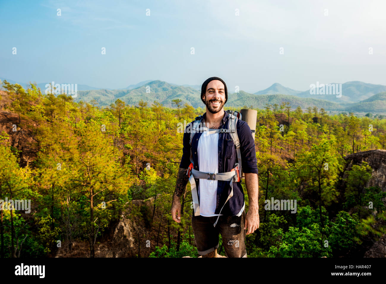 Guy Exploring Freedom Outdoors Concept Stock Photo - Alamy