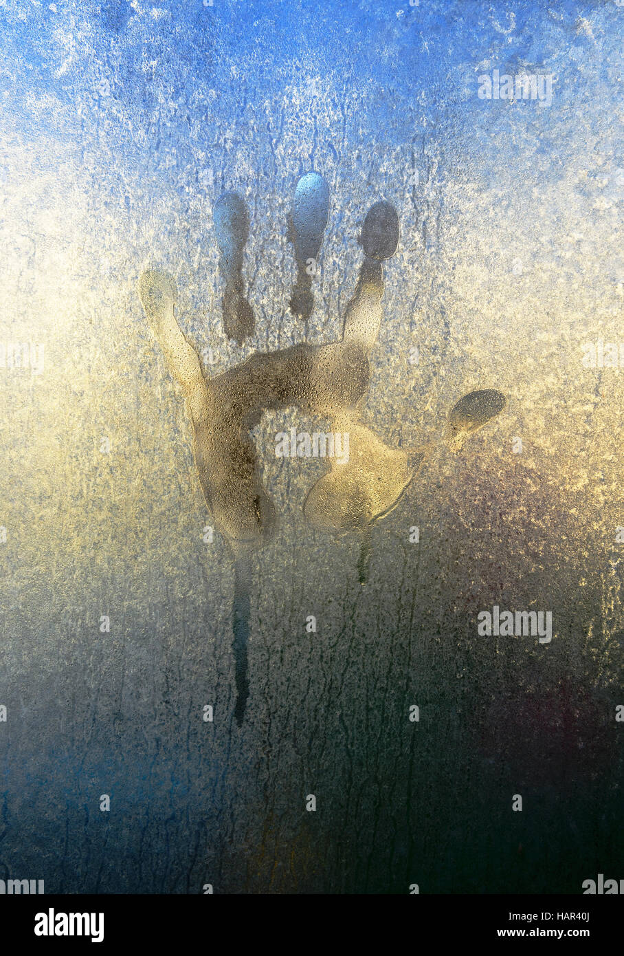 Impression of hand melted into hoar frost on greenhouse window. Backlit ...