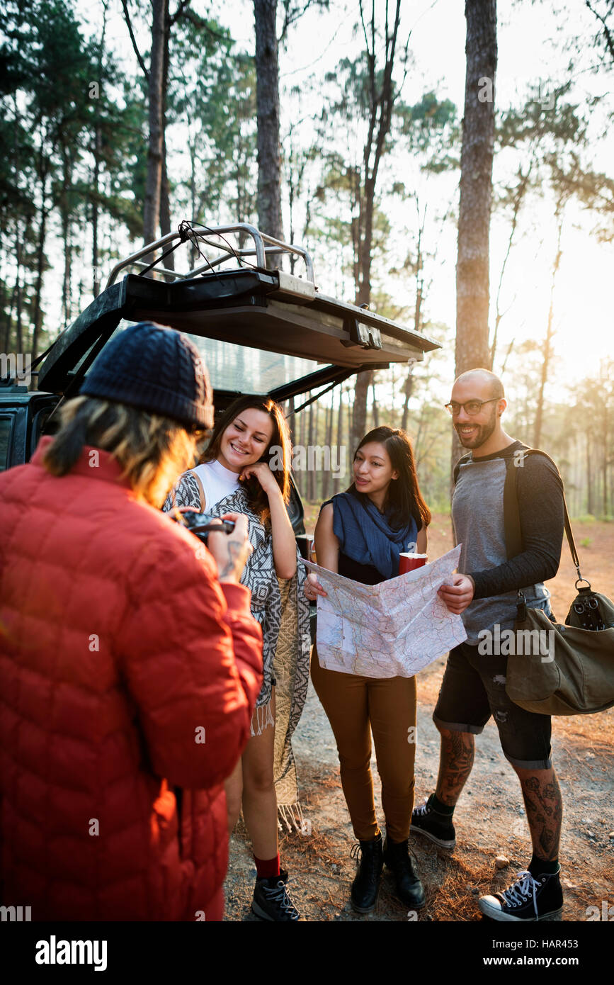 Friends Checking Map Outdoors Concept Stock Photo - Alamy