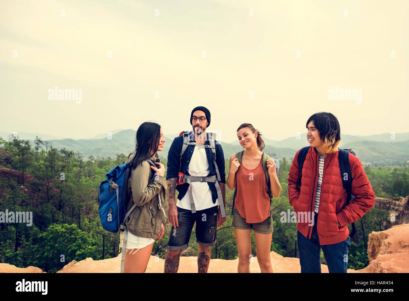 Friends Explore Nature Outdoors Concept Stock Photo - Alamy