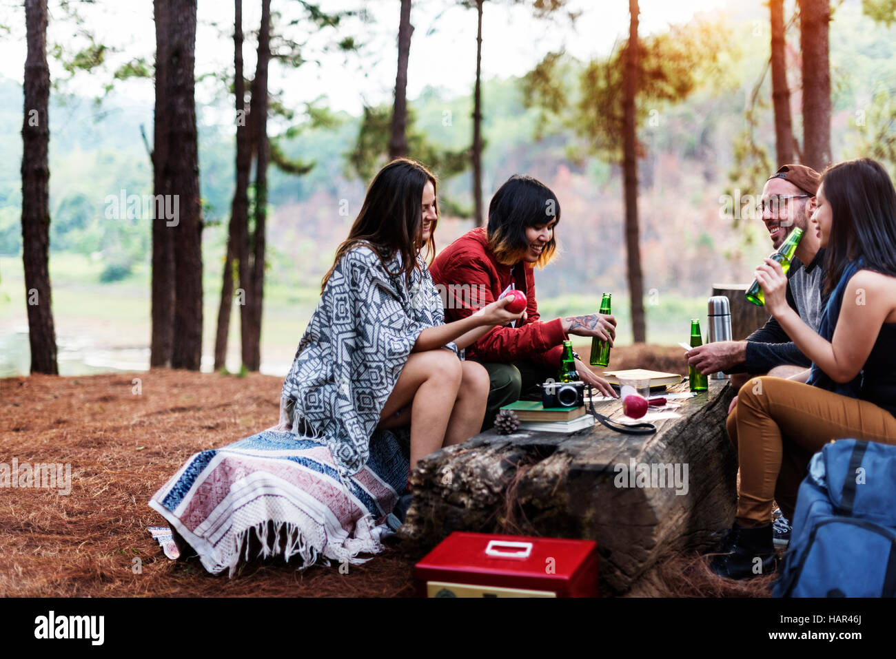 Friends Camping Playing Cards Concept Stock Photo - Alamy