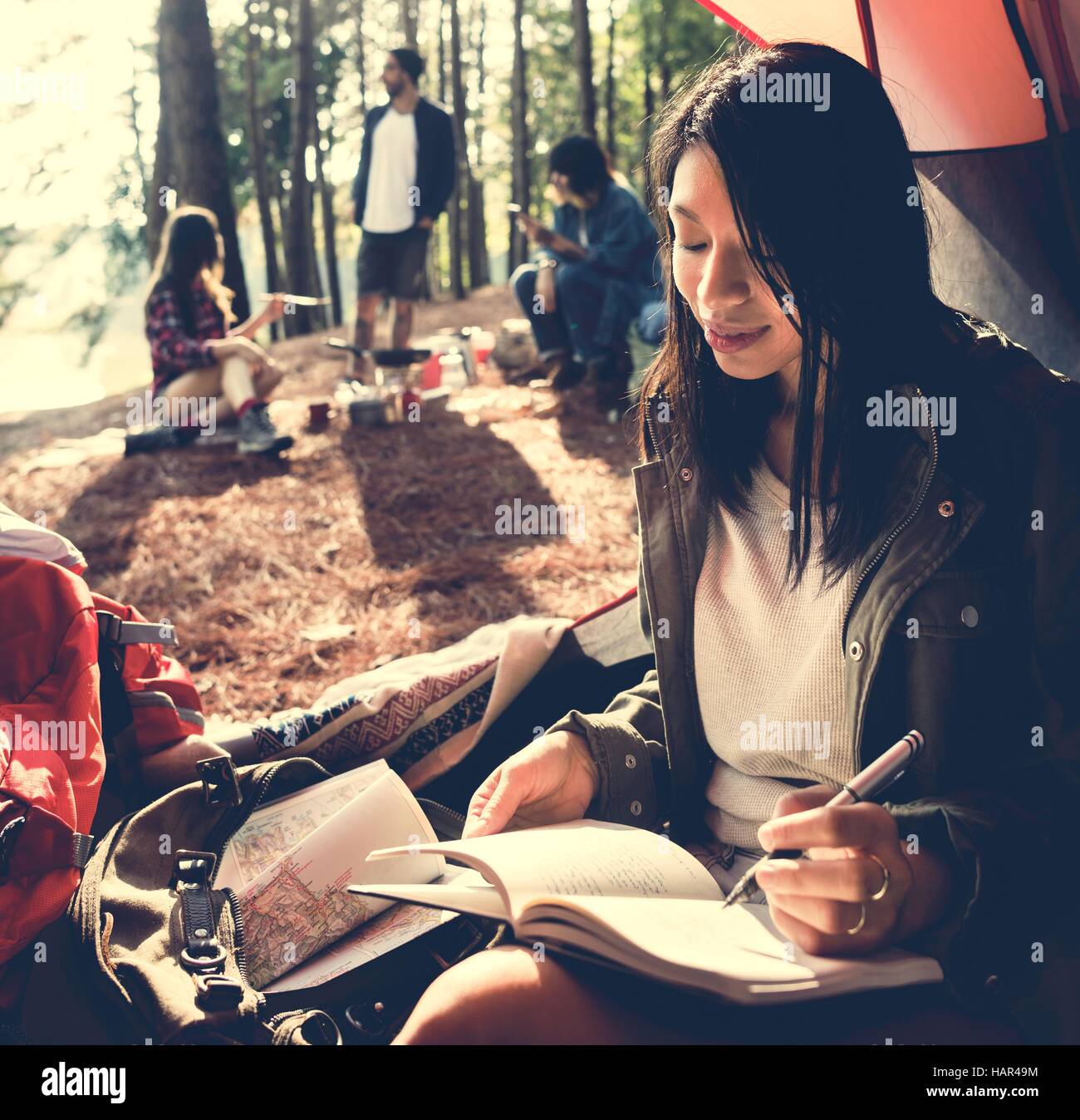Woman Reading Traveling Destination Camping Concept Stock Photo - Alamy