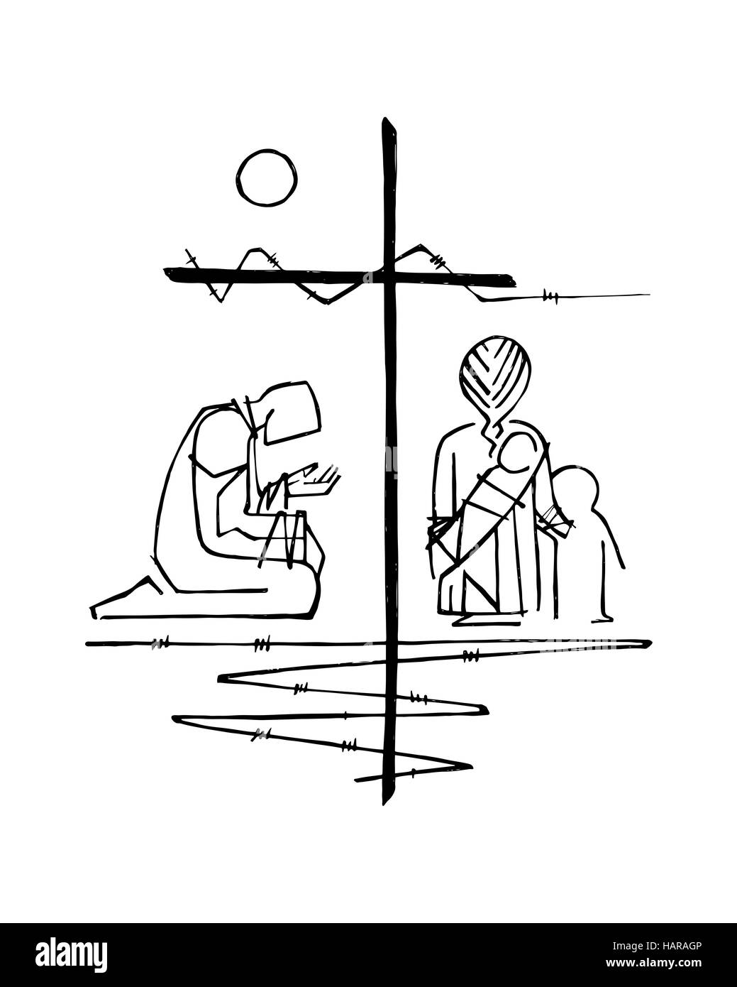Hand drawn vector illustration or drawing of a religious Cross and ...