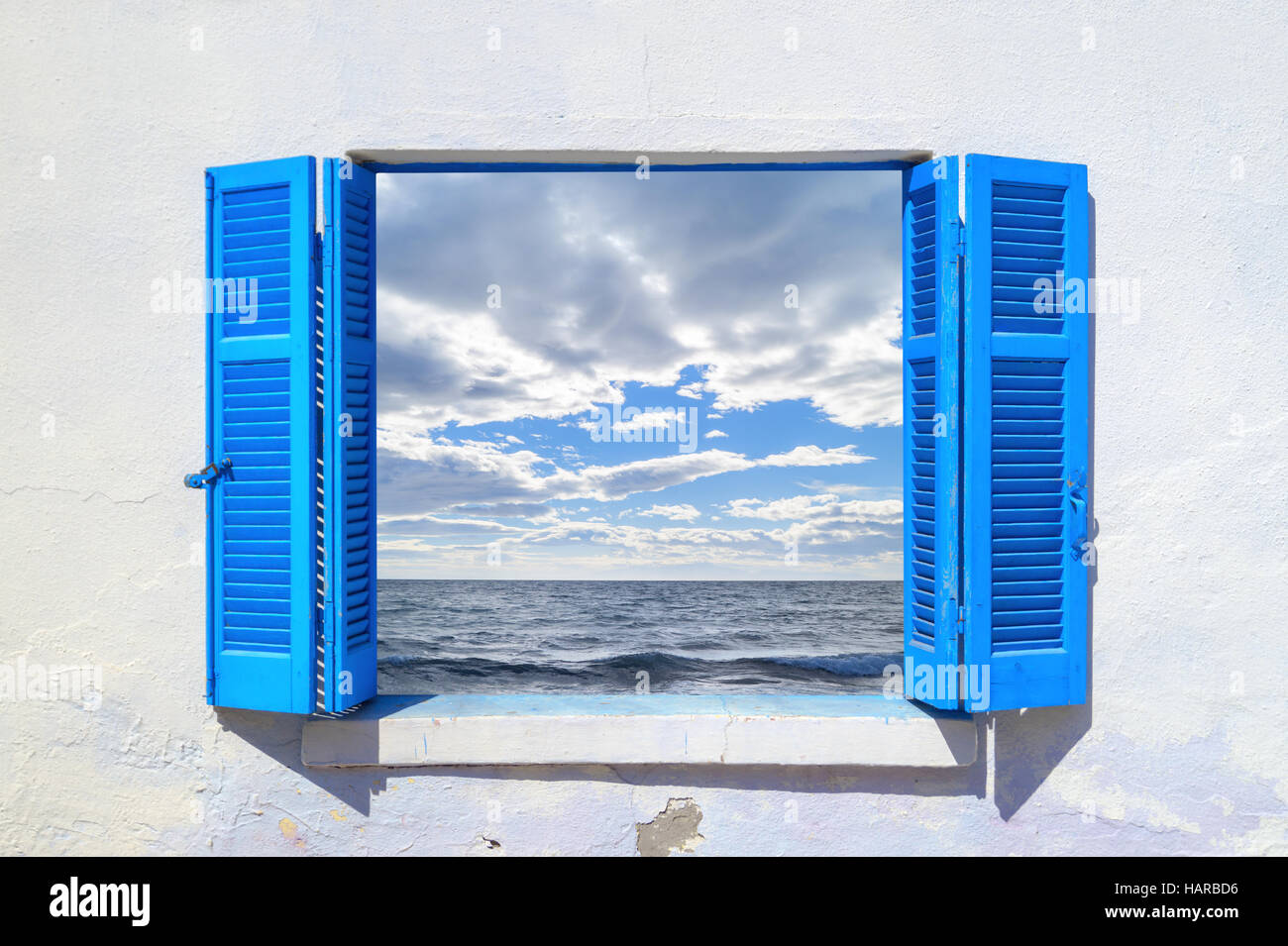 Beautiful view throught blue window Stock Photo - Alamy