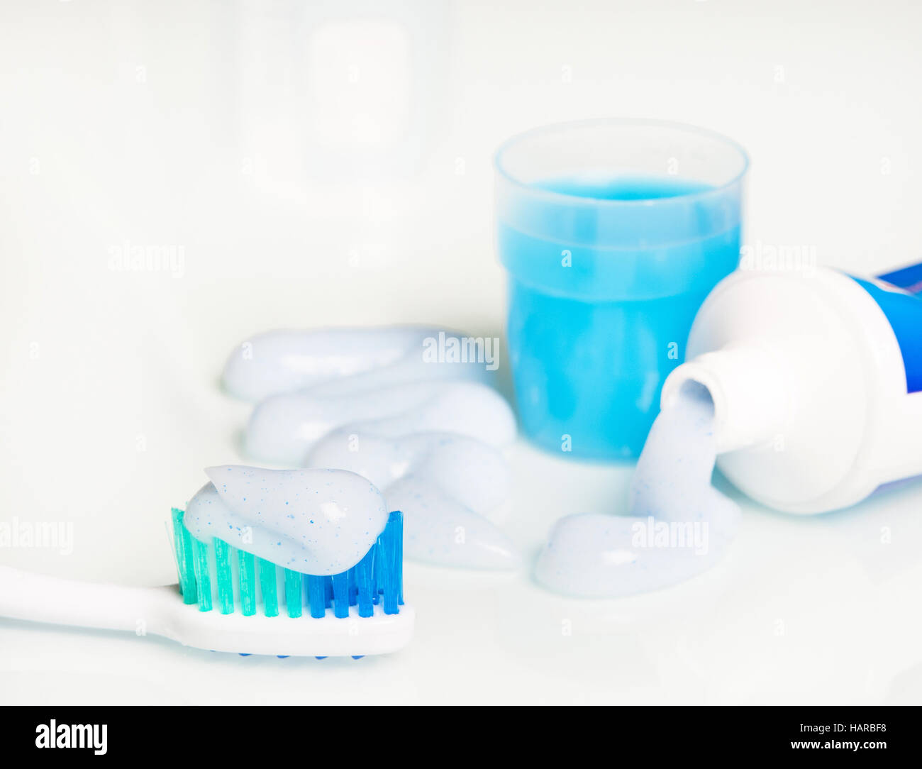 personal hygiene items on a white table Stock Photo - Alamy