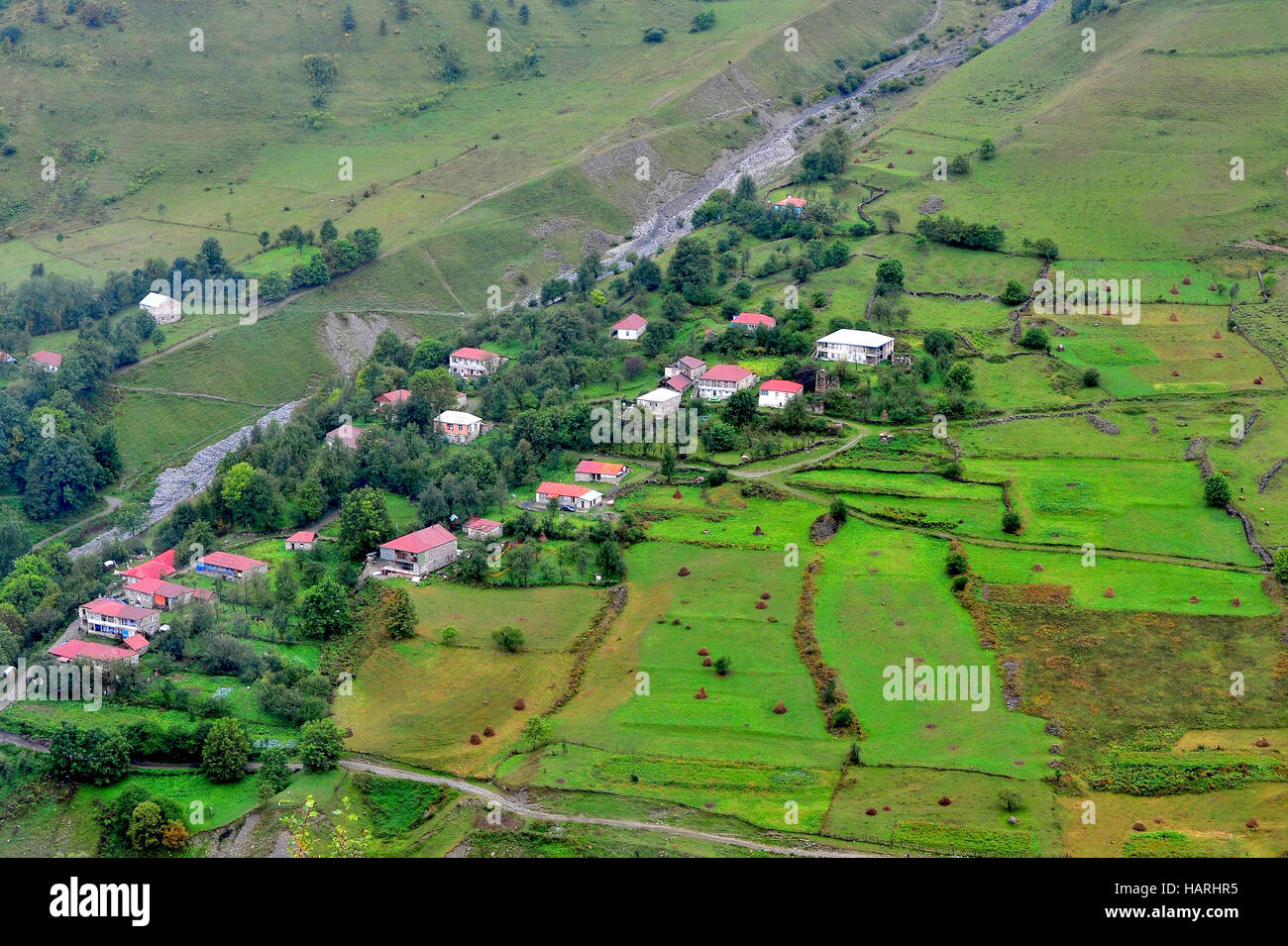 Georgian landscape, top view of the village in the green meadow Stock ...