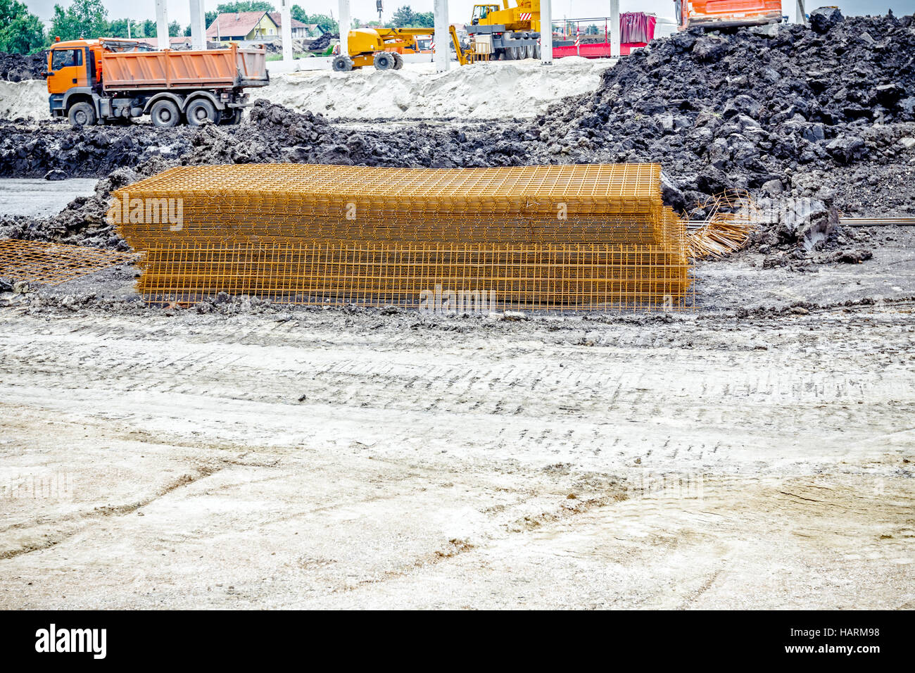 Spikes of rebar grid, reinforcing mesh, steel bars stacked for ...