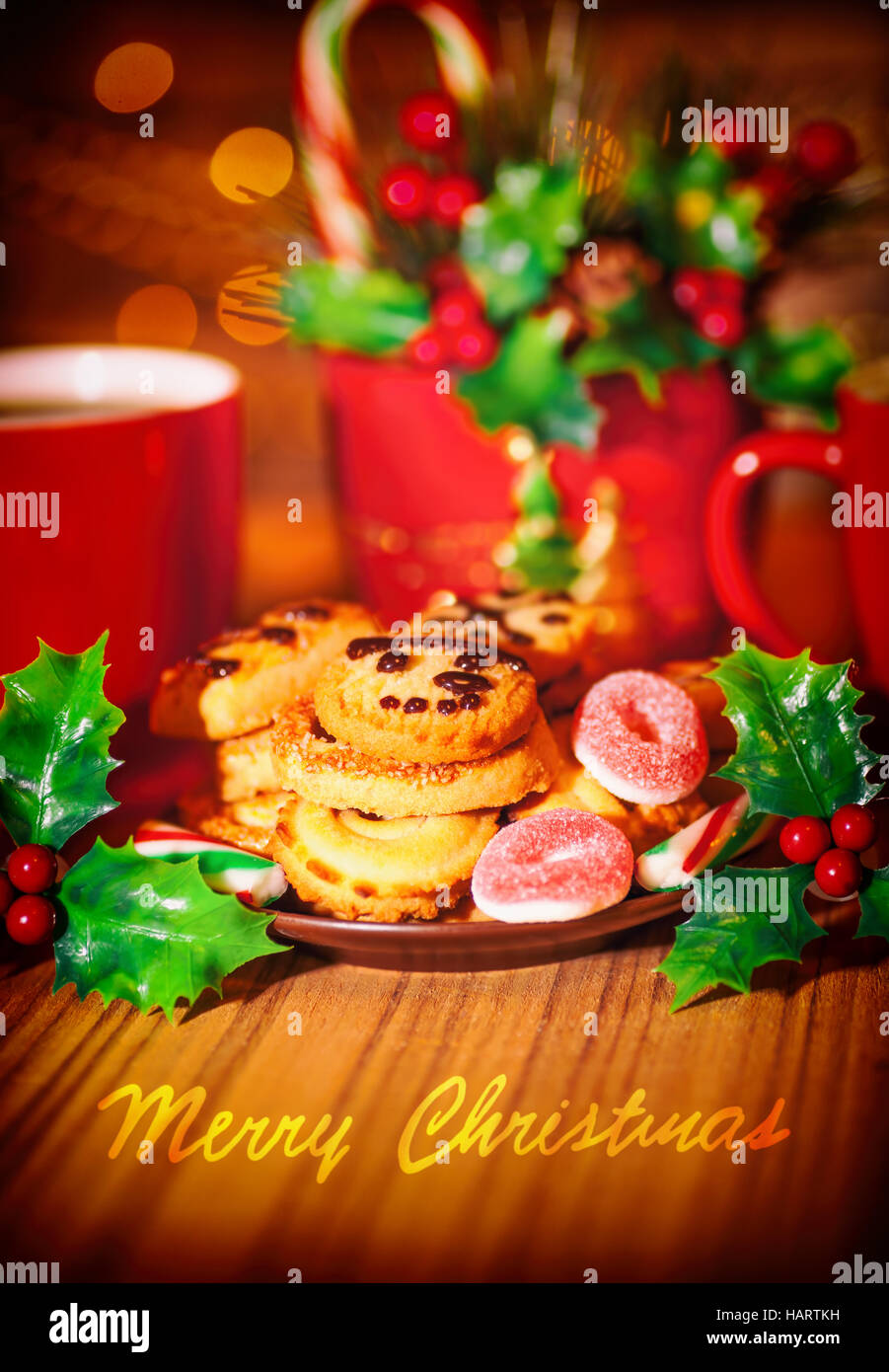 Merry Christmas greeting card, beautiful cozy festive sweets still life ...