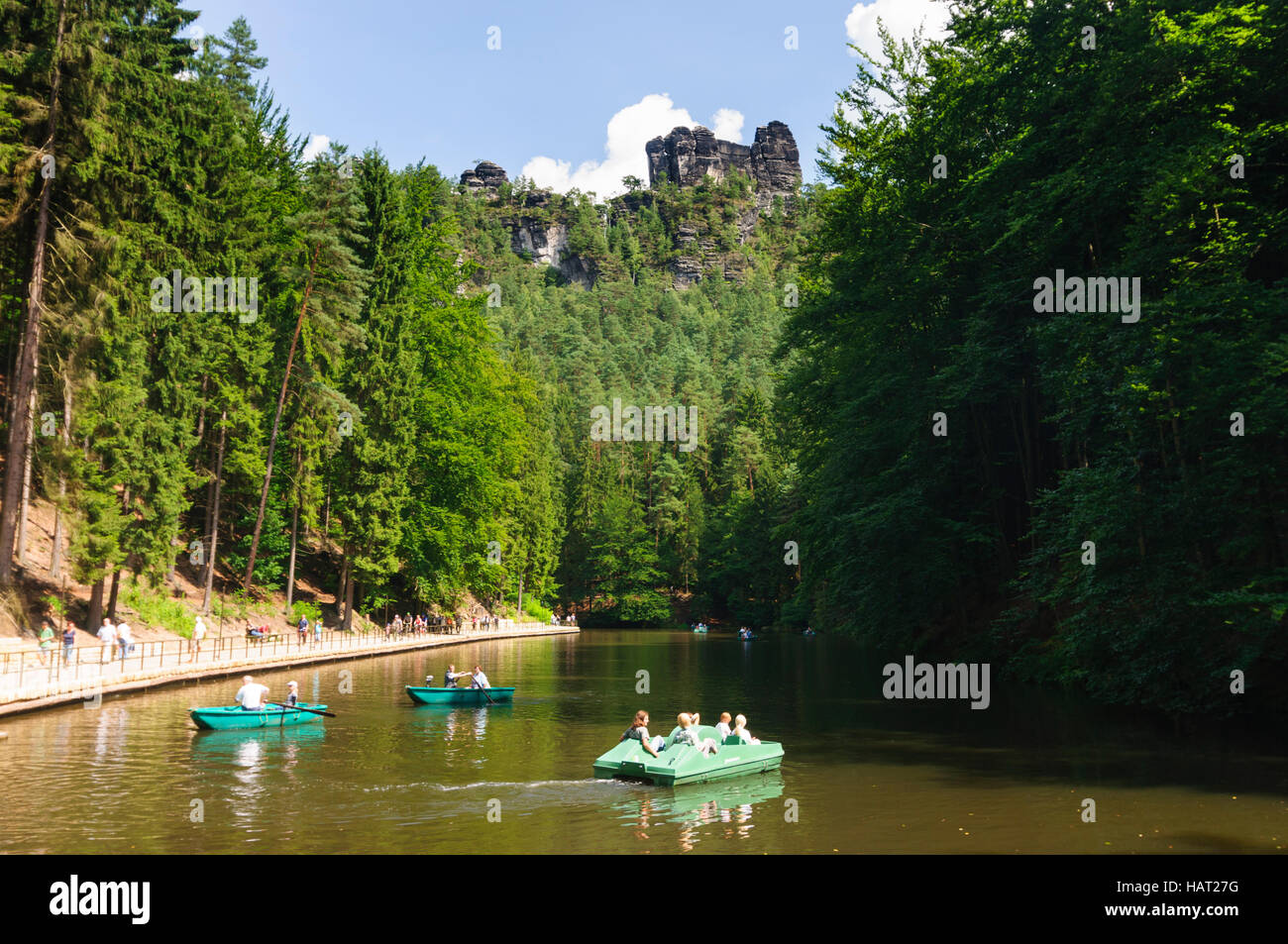 Rathen: Lake Amselsee, rowing boats, rock "locomotive", Sächsische ...