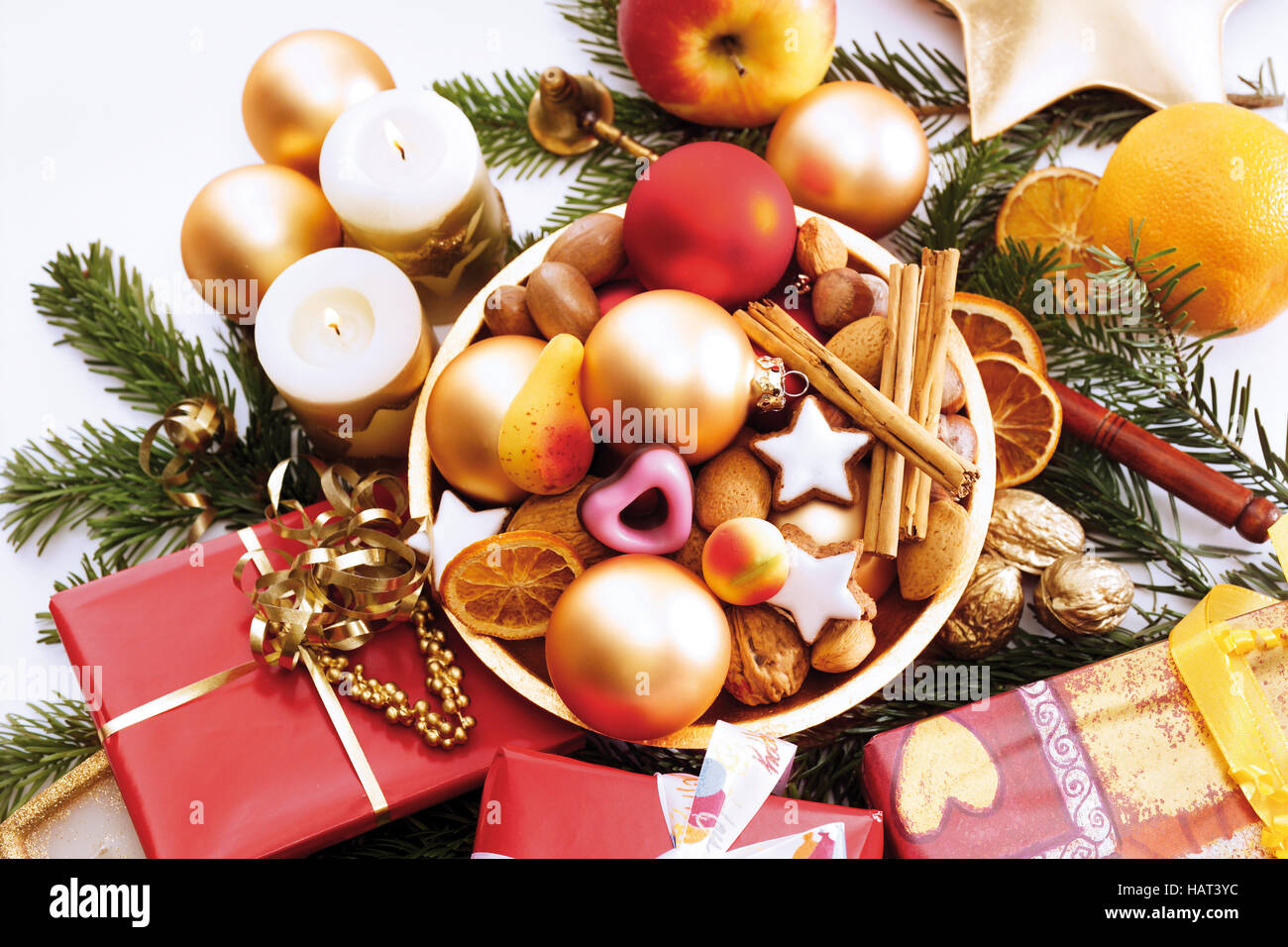 Decorated table of presents, gifts and Christmas cookies Stock Photo ...