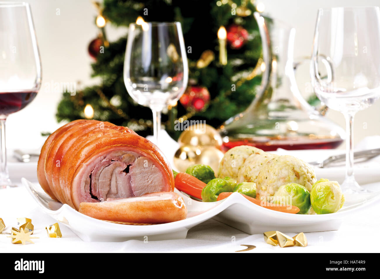 Roasted pork roll, bread dumplings and vegetables Stock Photo - Alamy