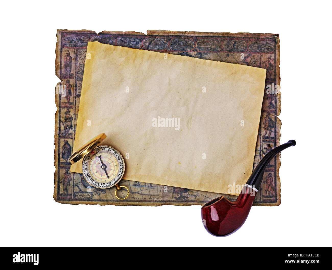 Nautical objects: ancient map, smoking pipe and compass isolated on ...