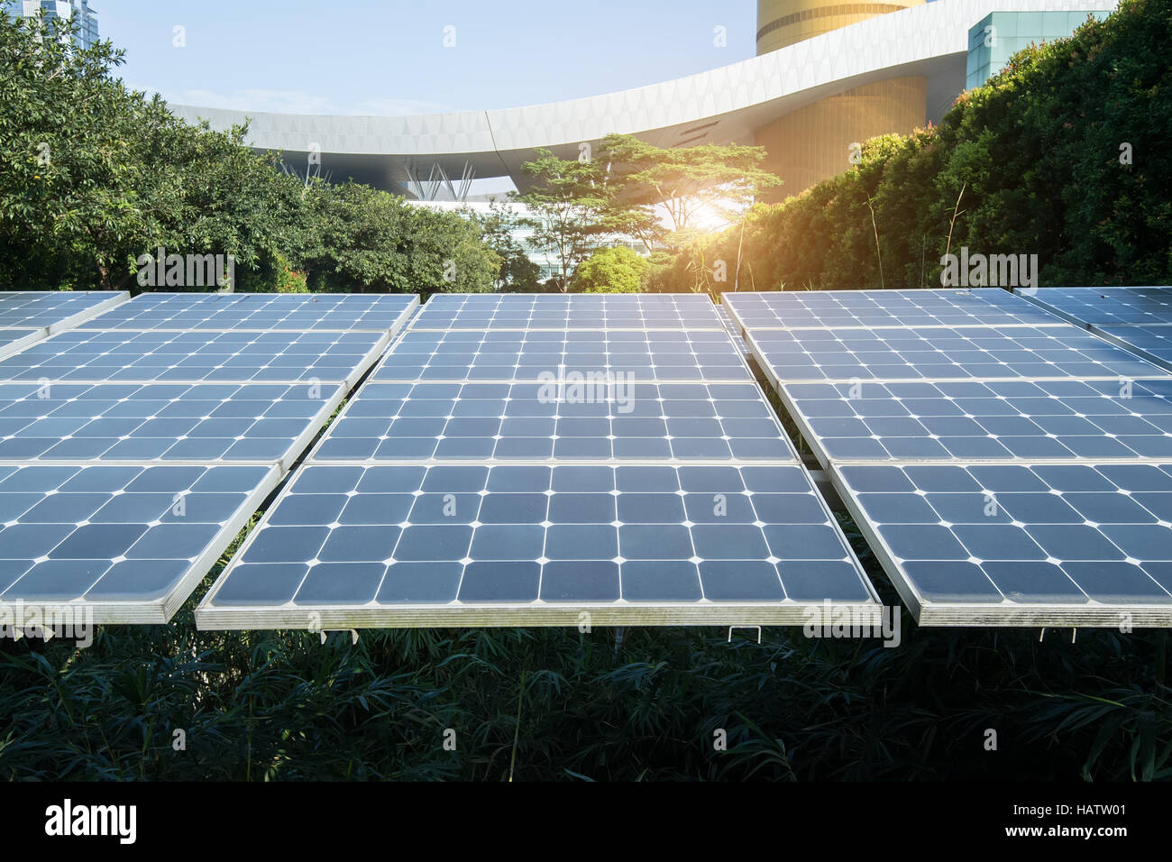 Solar Panels In The Park Of Modern City Stock Photo - Alamy